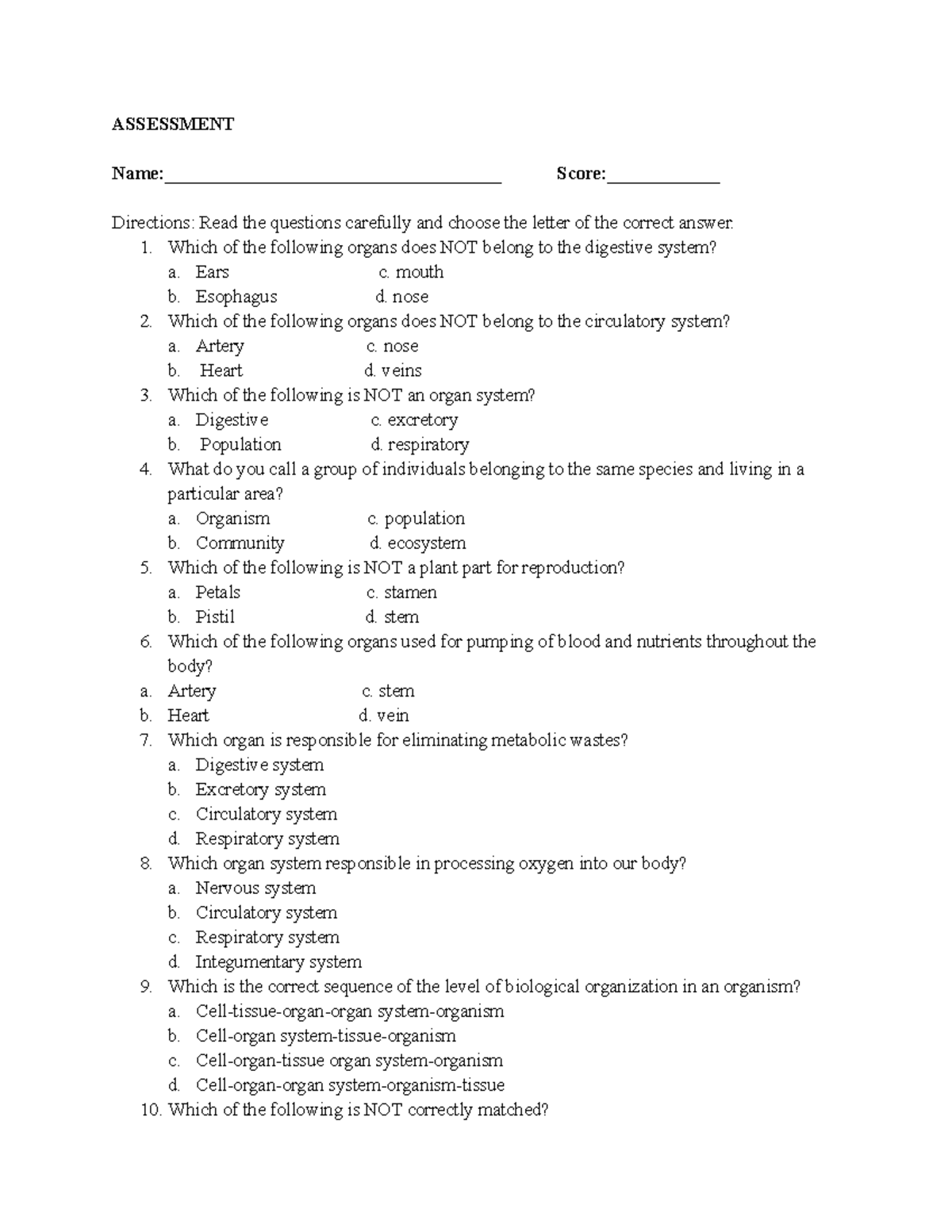 Assessment - biological - ASSESSMENT Name ...