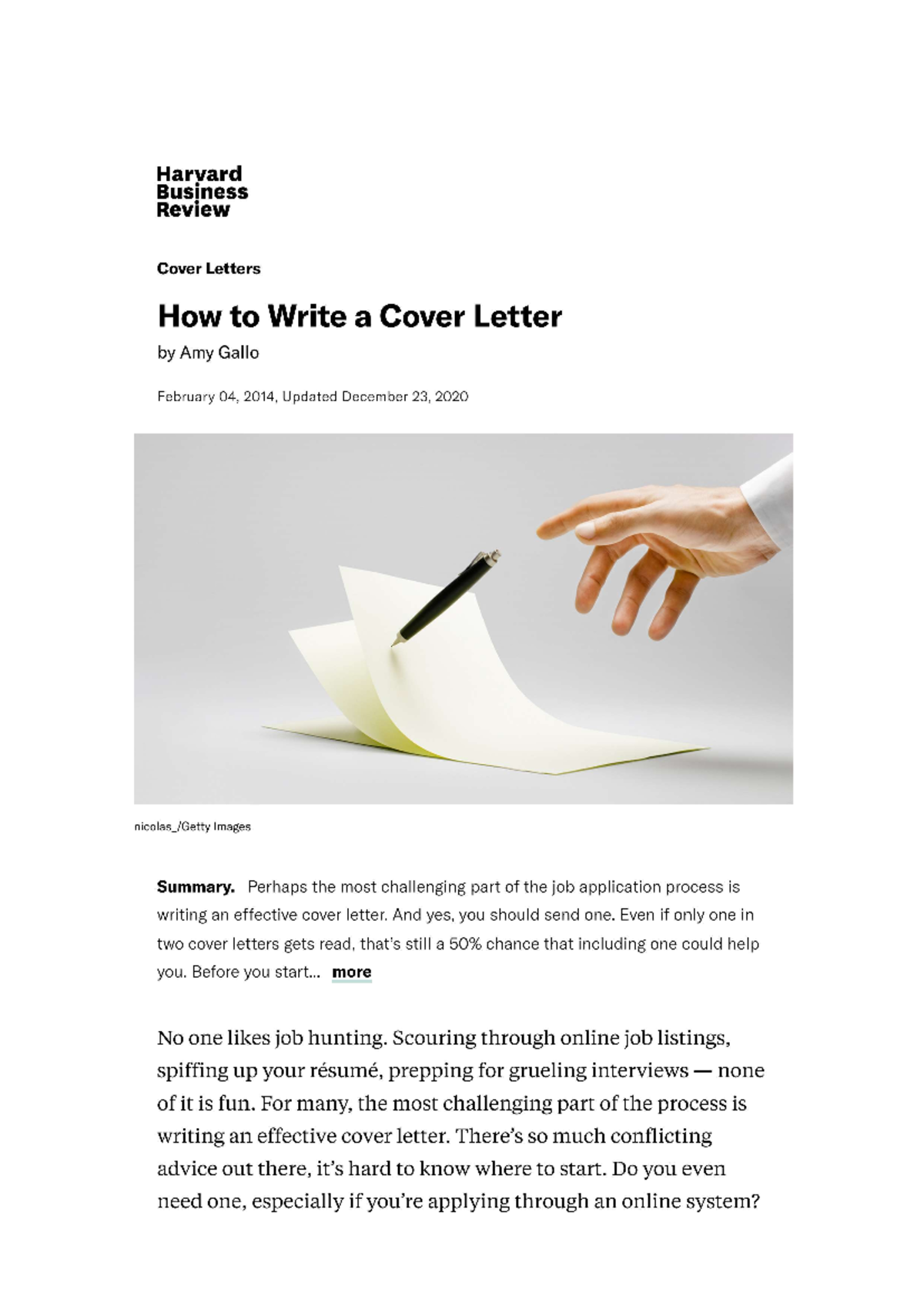 How to Write a Cover Letter - HBR - Human Resource Management - Studocu