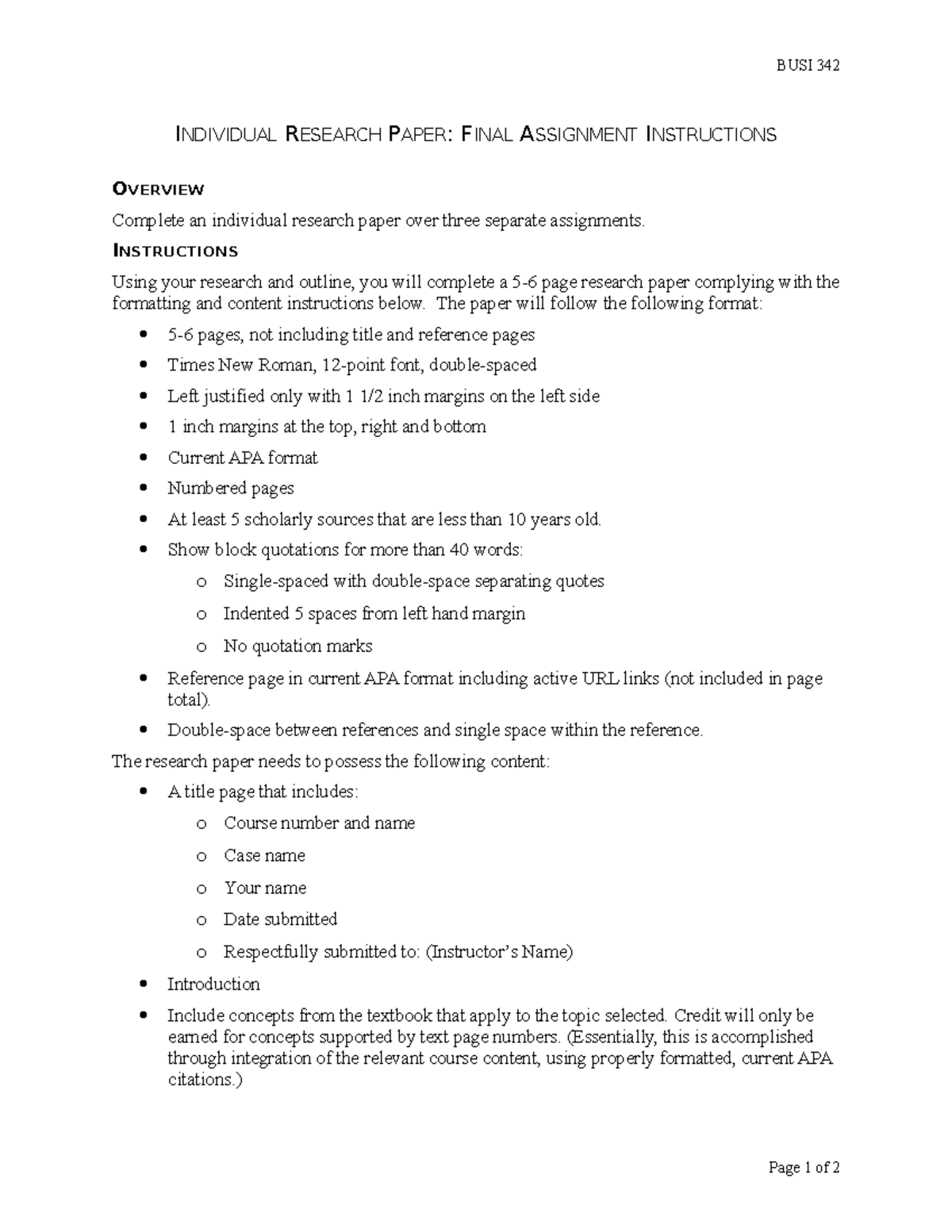 Individual Research Paper Final Assignment Instructions - BUSI 342 INDIVIDUAL RESEARCH PAPER ...