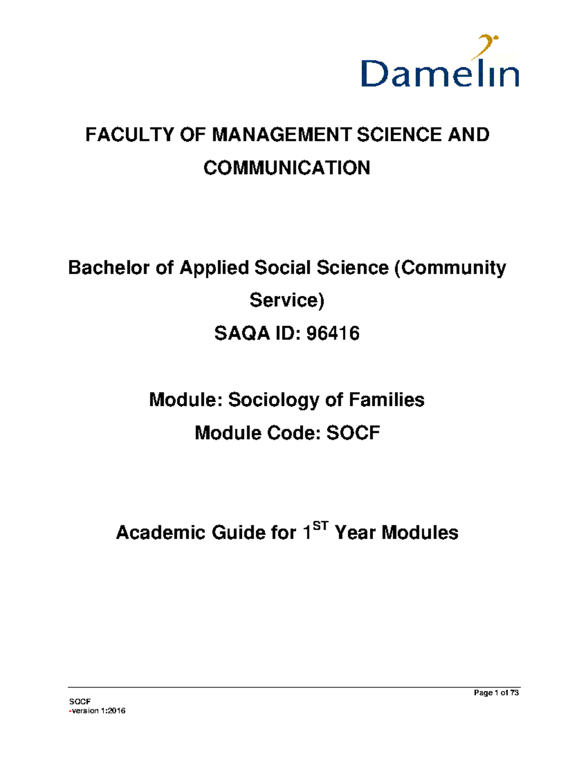 Sociology of families - Page 1 of 73 SOCF FACULTY OF MANAGEMENT SCIENCE ...