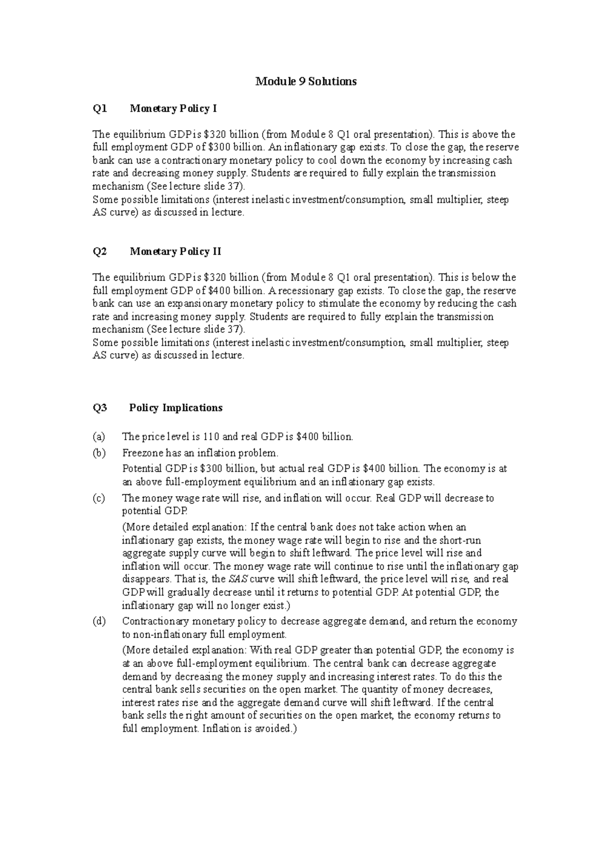 Module 9 Solutions - Module 9 Solutions Q1 Monetary Policy I The ...