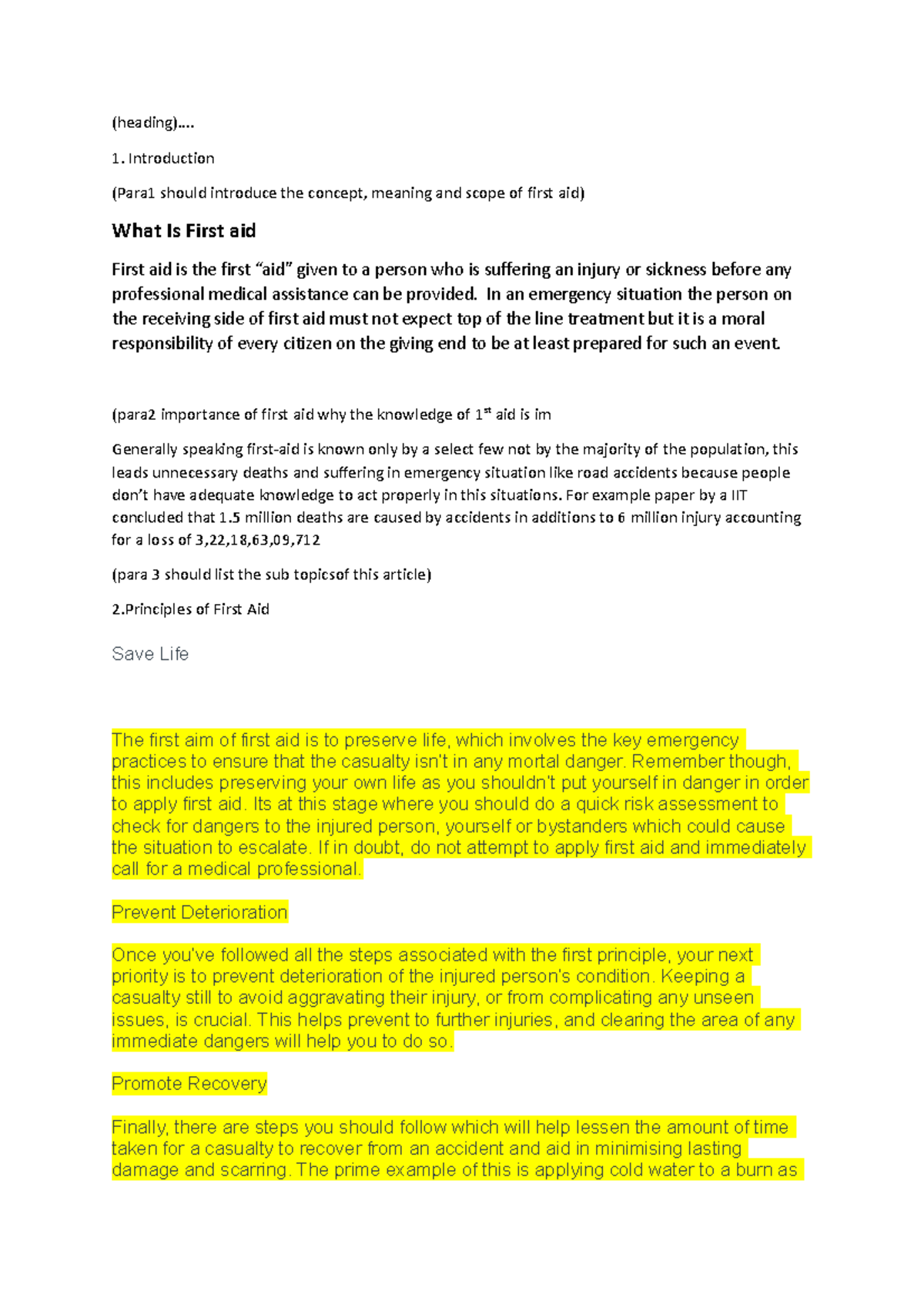First aid - ddadad - (heading).... 1. Introduction (Para1 should ...