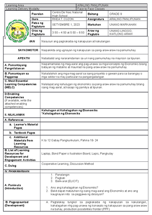 AP9 Q1 W1 D1 - lesson plan - Learning Area ARALING PANLIPUNAN Learning ...