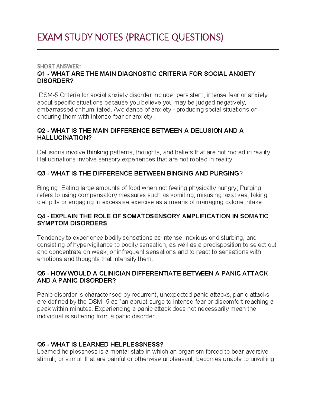 EXAM Study Notes - EXAM STUDY NOTES (PRACTICE QUESTIONS) SHORT ANSWER ...