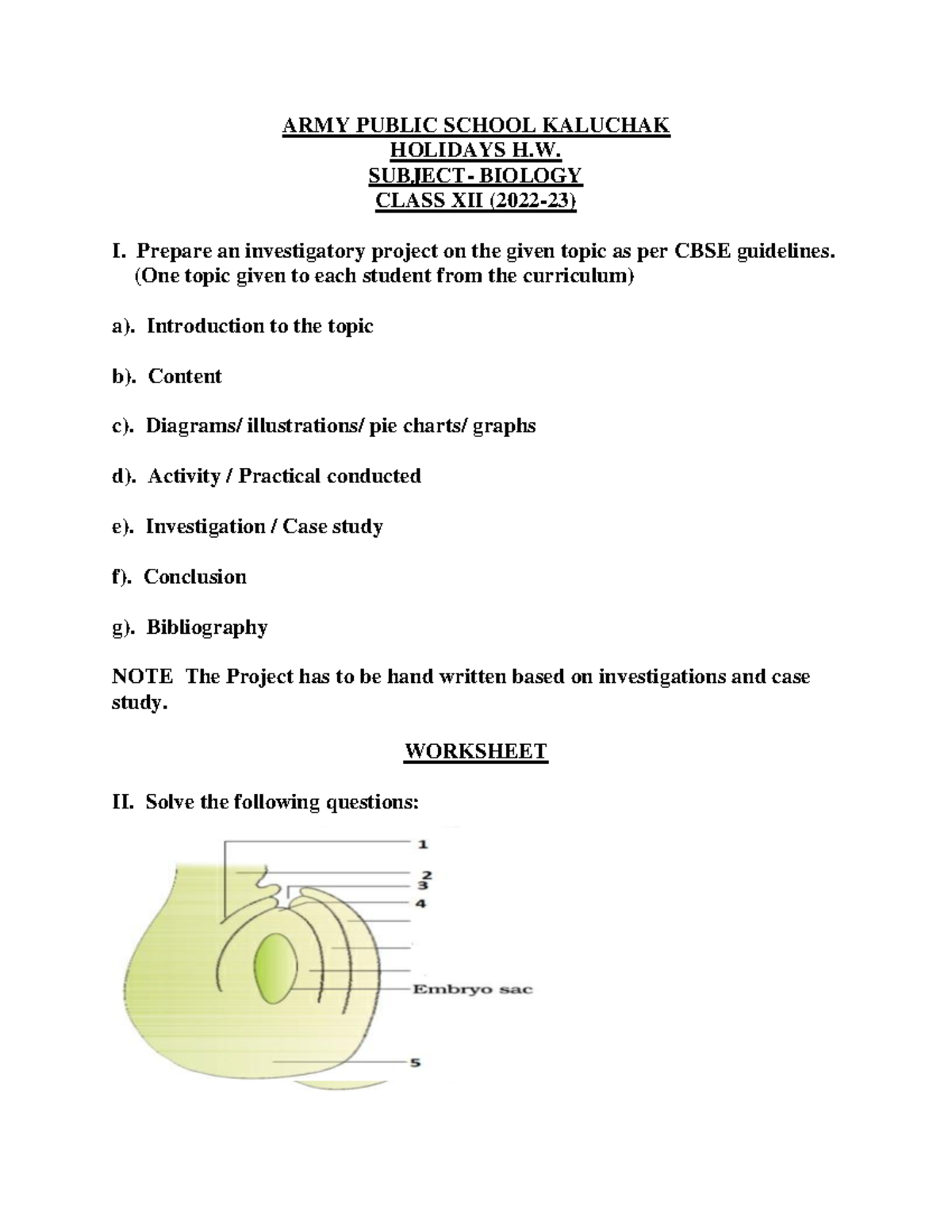 BIOLOGY PRACTICAL - ARMY PUBLIC SCHOOL KALUCHAK HOLIDAYS H. SUBJECT ...