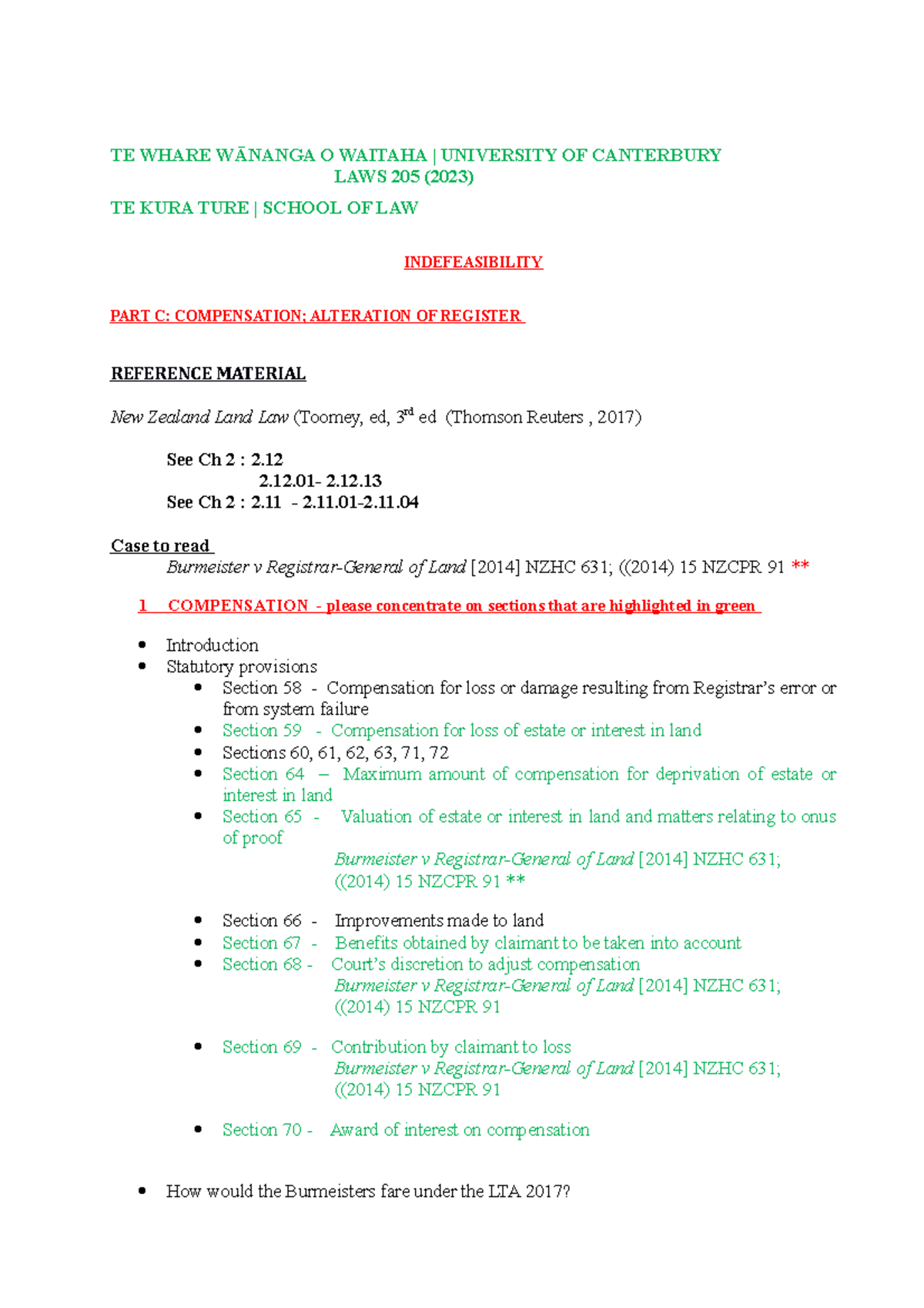 Handout for Compensation and Alteration of Register - Land Law - UCNZ ...
