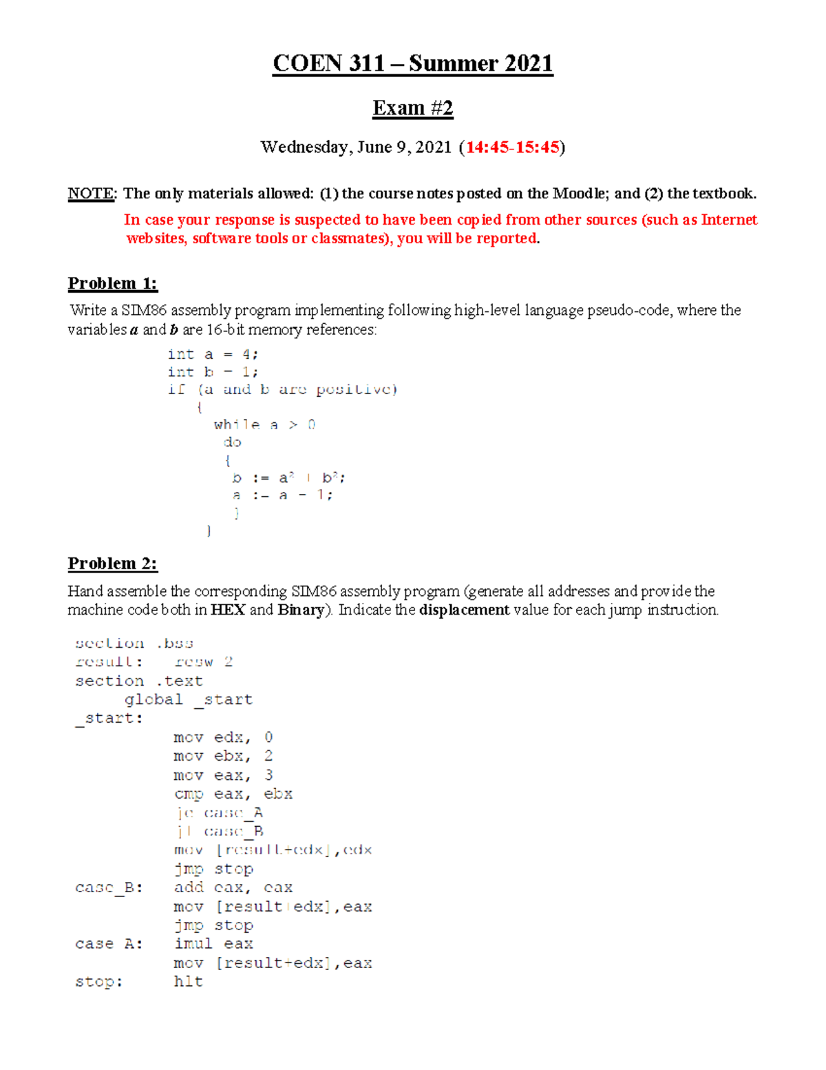 COEN311-EXAM#2 - Practice Exam - COEN 311 ñ Summer 2021 Exam Wednesday ...