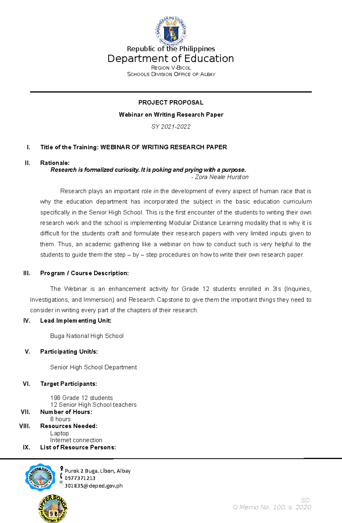 Project Proposal - Basic Research Webinar - Department of Education ...