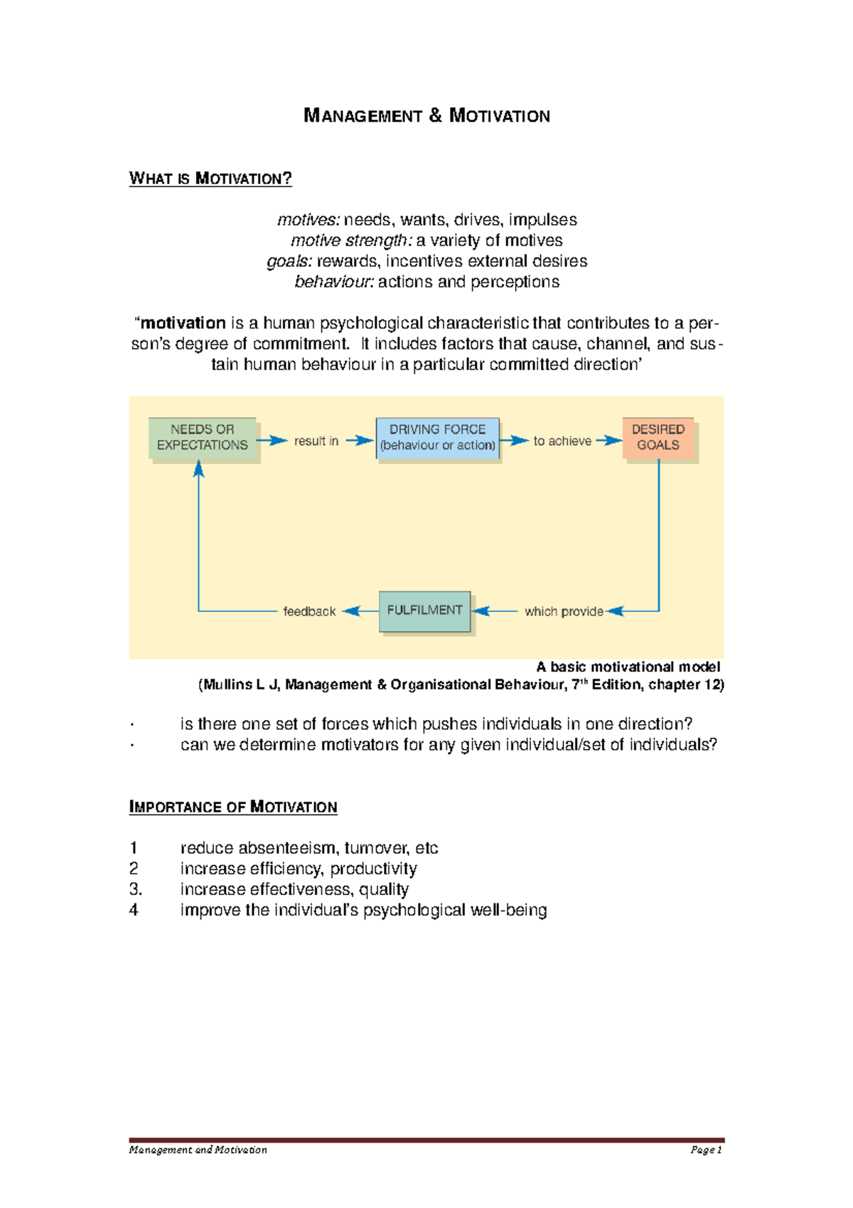 Motivation notes - MANAGEMENT & MOTIVATION WHAT IS MOTIVATION? motives ...