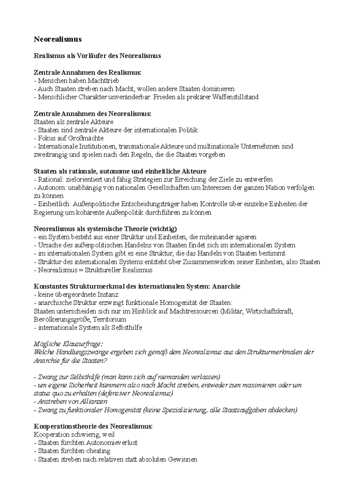Internationale Politik Kurzfassung - Neorealismus Realismus als ...