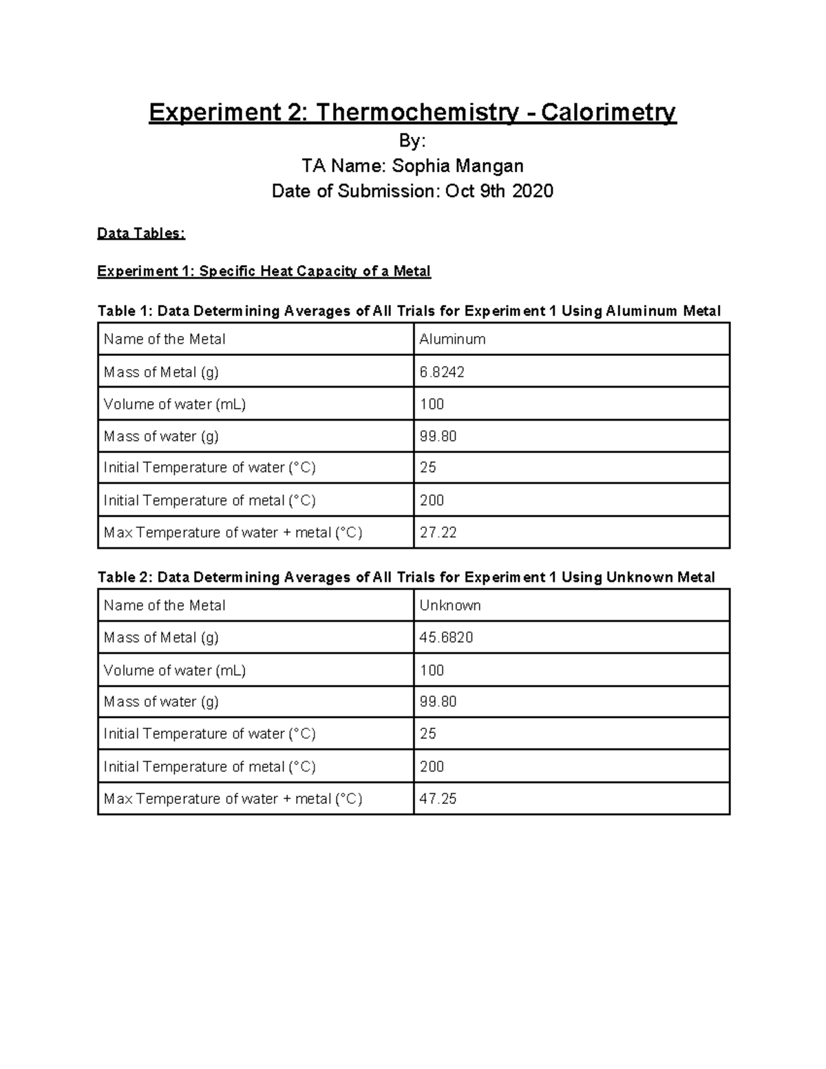 Chem Lab 2 - Enthaply - Experiment 2: Thermochemistry - Calorimetry By ...