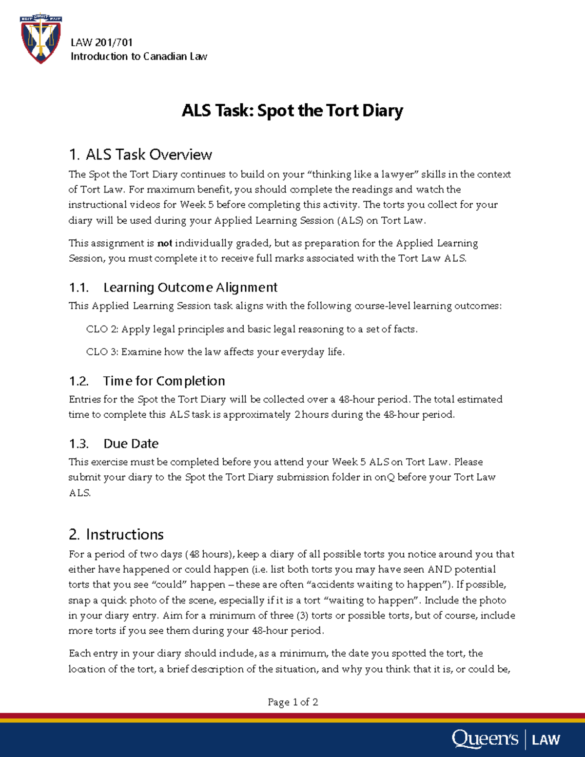 LAW201 ALSTask Spot The Tort Diary F22Update - LAW 201/ Introduction to ...