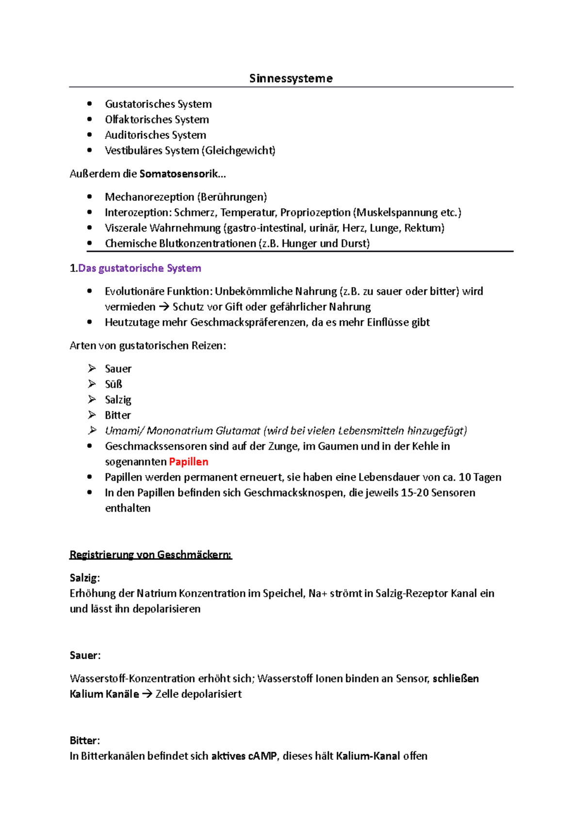 Zusammenfassung Sinnessysteme (außer visuelles) - Sinnessysteme ...