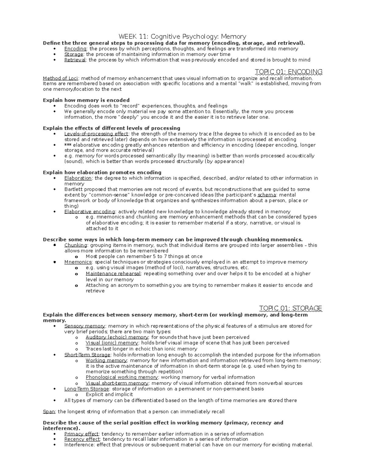 Week 11. Memory - WEEK 11: Cognitive Psychology: Memory Define the ...