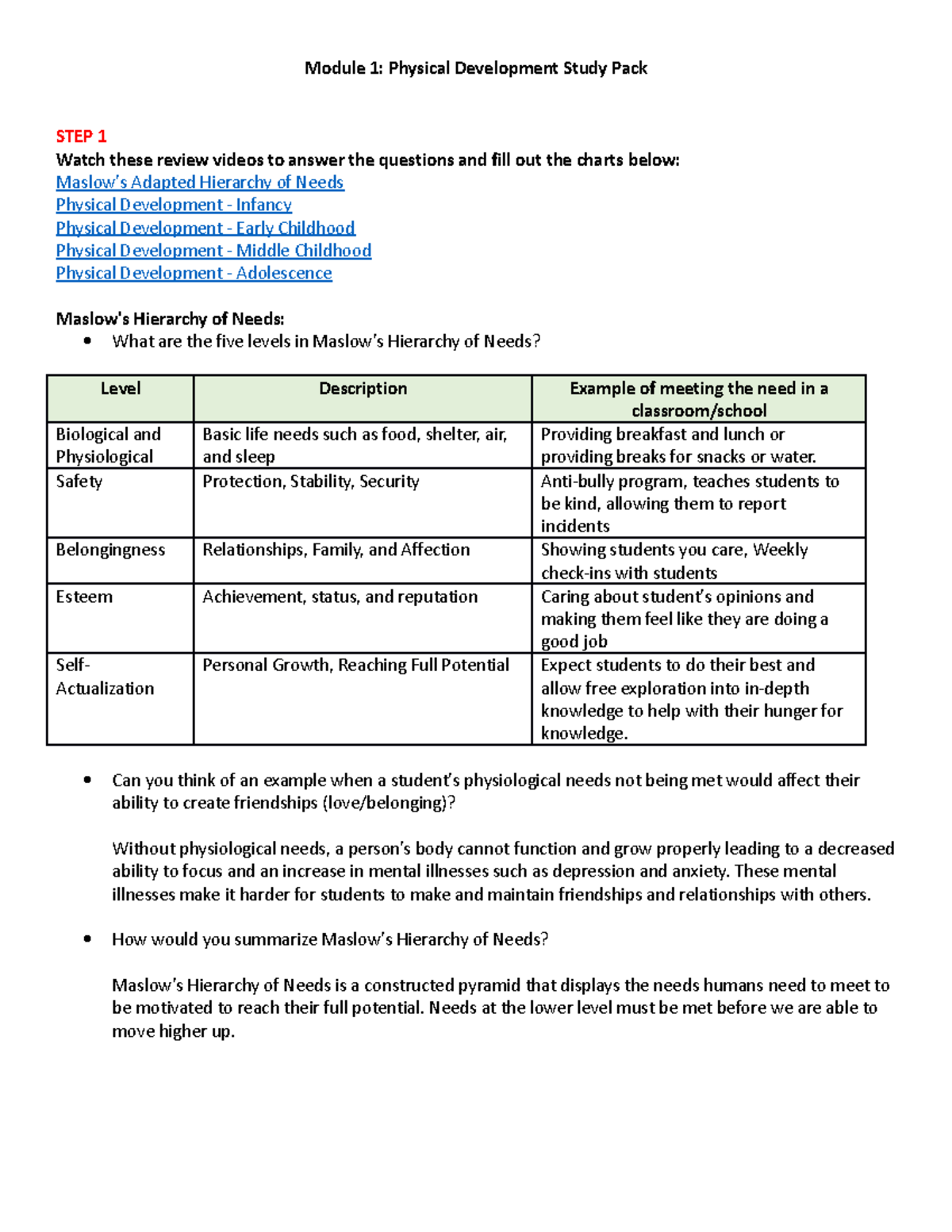 Module 1 - Module 1: Physical Development Study Pack STEP 1 Watch these ...