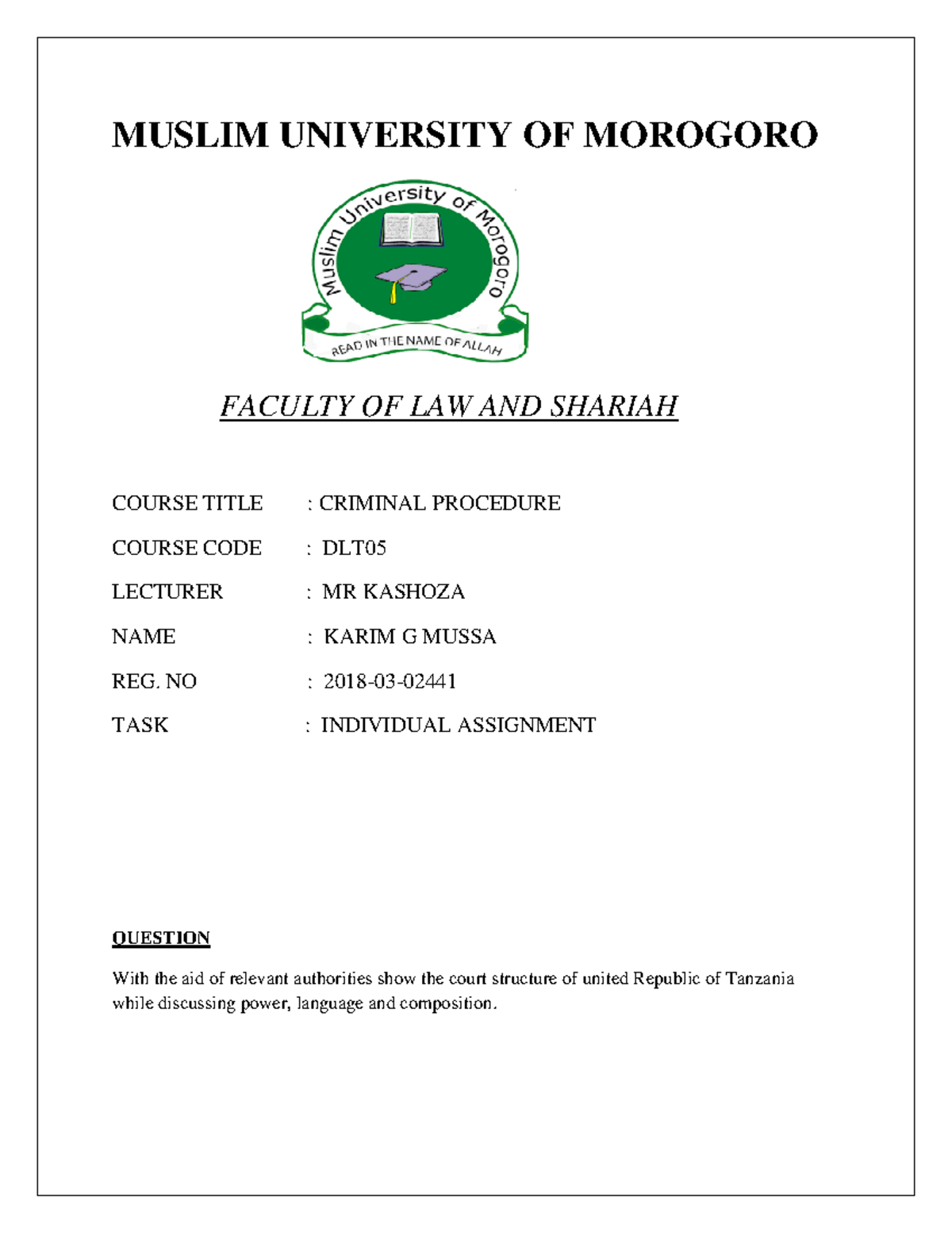 Court structure in Tanzanian - MUSLIM UNIVERSITY OF MOROGORO FACULTY OF ...