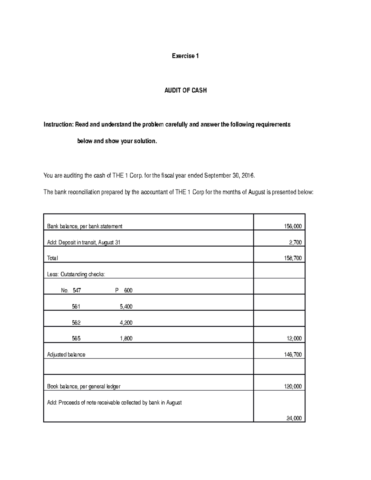 Main Exercise 1.Audit of Cash - Exercise 1 AUDIT OF CASH Instruction ...