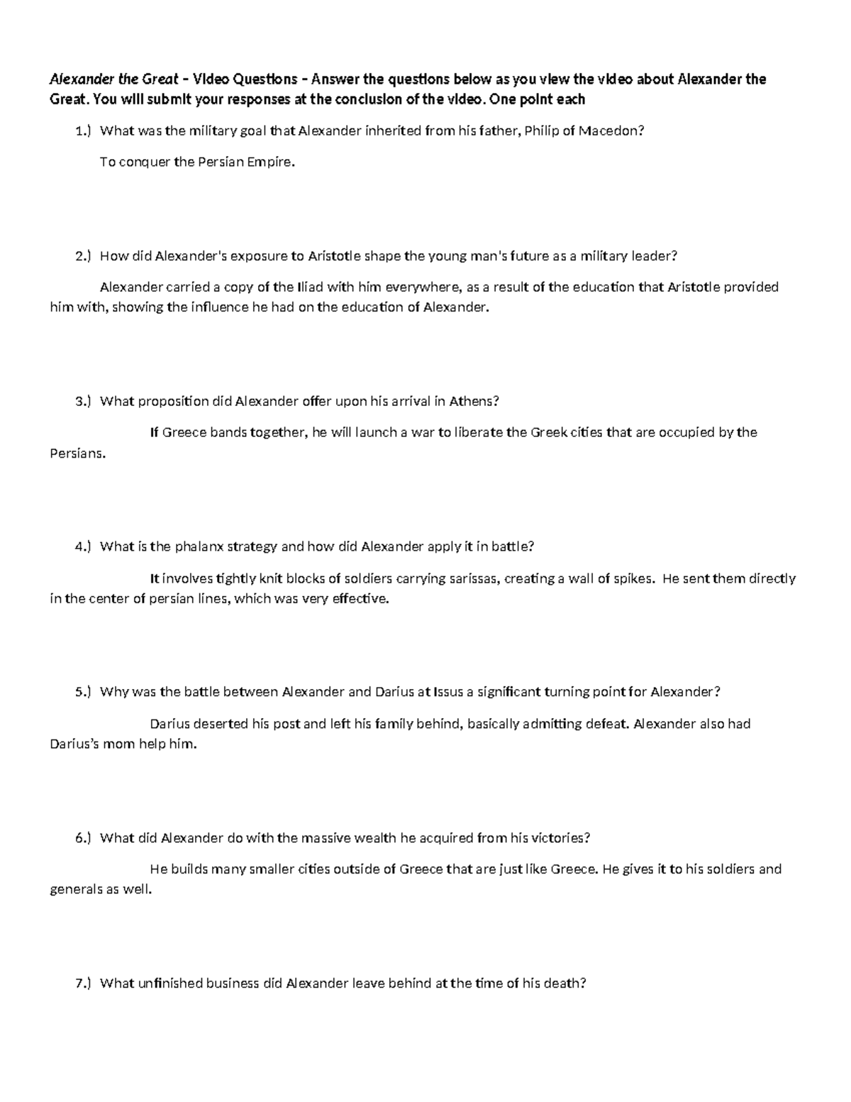 Copy of Alexander the Great Video Questions - Alexander the Great ...