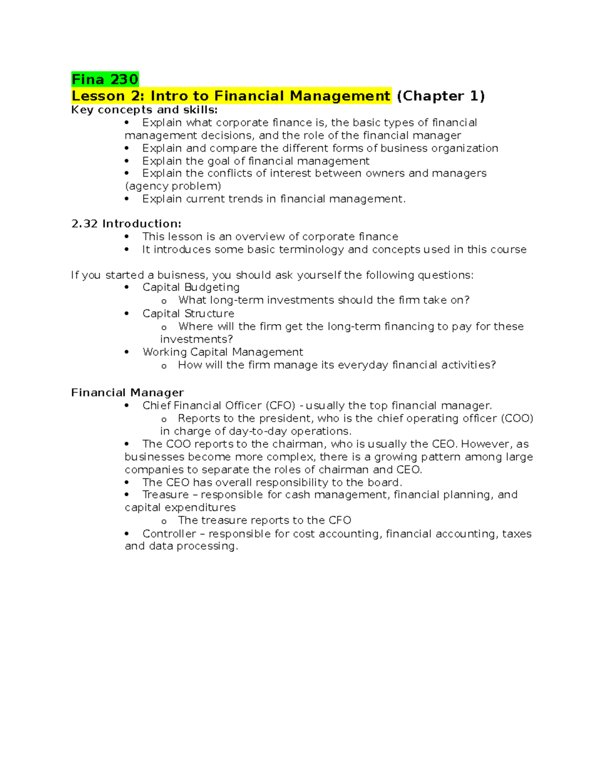 Fina 230 Notes - Fina 230 Lesson 2: Intro to Financial Management ...