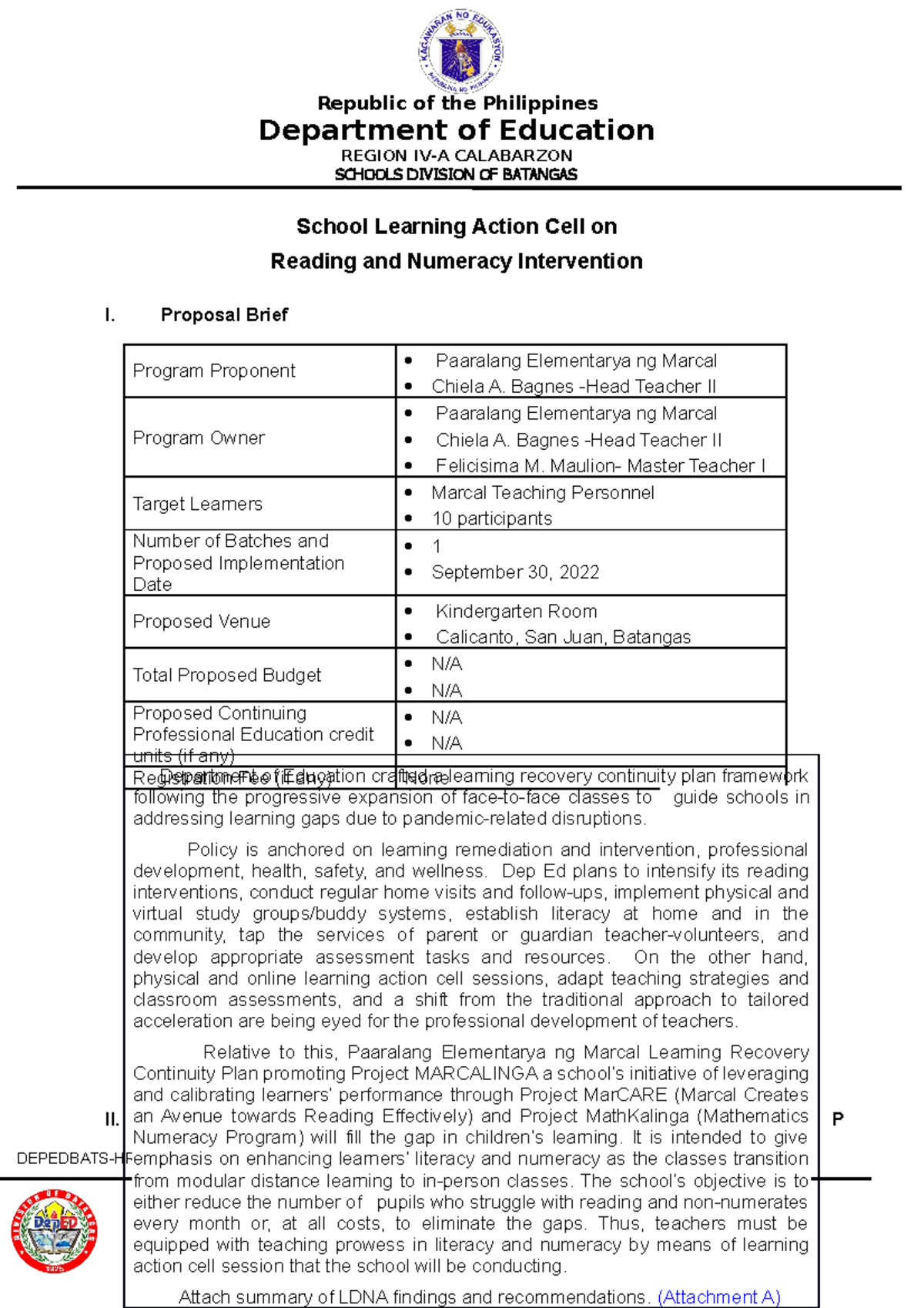 September SLAC Reading and Numeracy Intervention - Department of ...