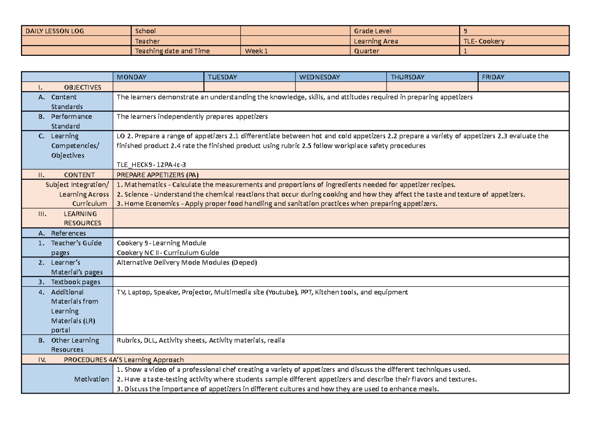 Cookery 9 Q1 DLL Week4 - DAILY LESSON LOG School Grade Level 9 Teacher ...