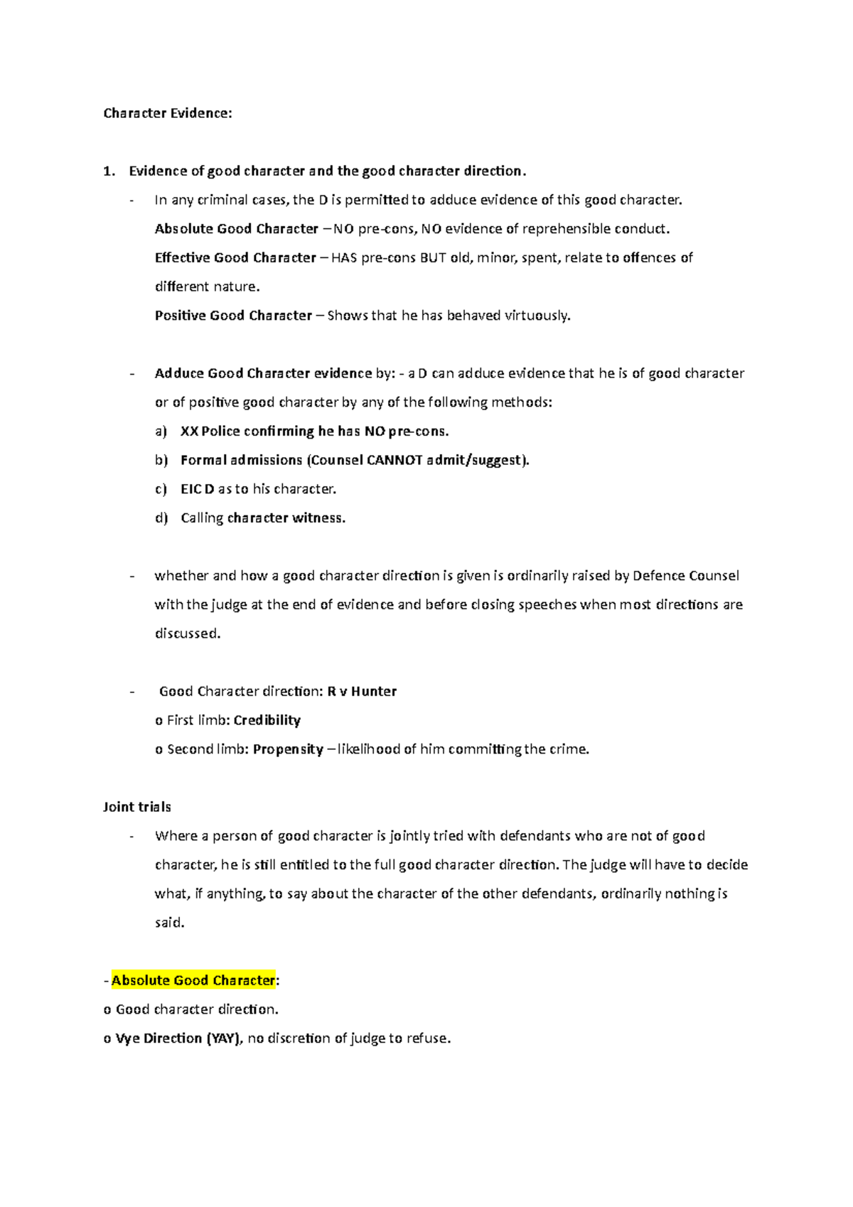 15. Character Evidence Personal Notes - Character Evidence: Evidence of ...