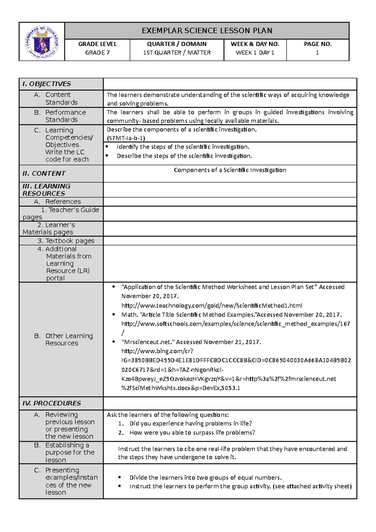 G7 Q1 W1 D1 - lesson plan - GRADE LEVEL GRADE 7 QUARTER / DOMAIN 1ST QUARTER / MATTER WEEK & DAY ...