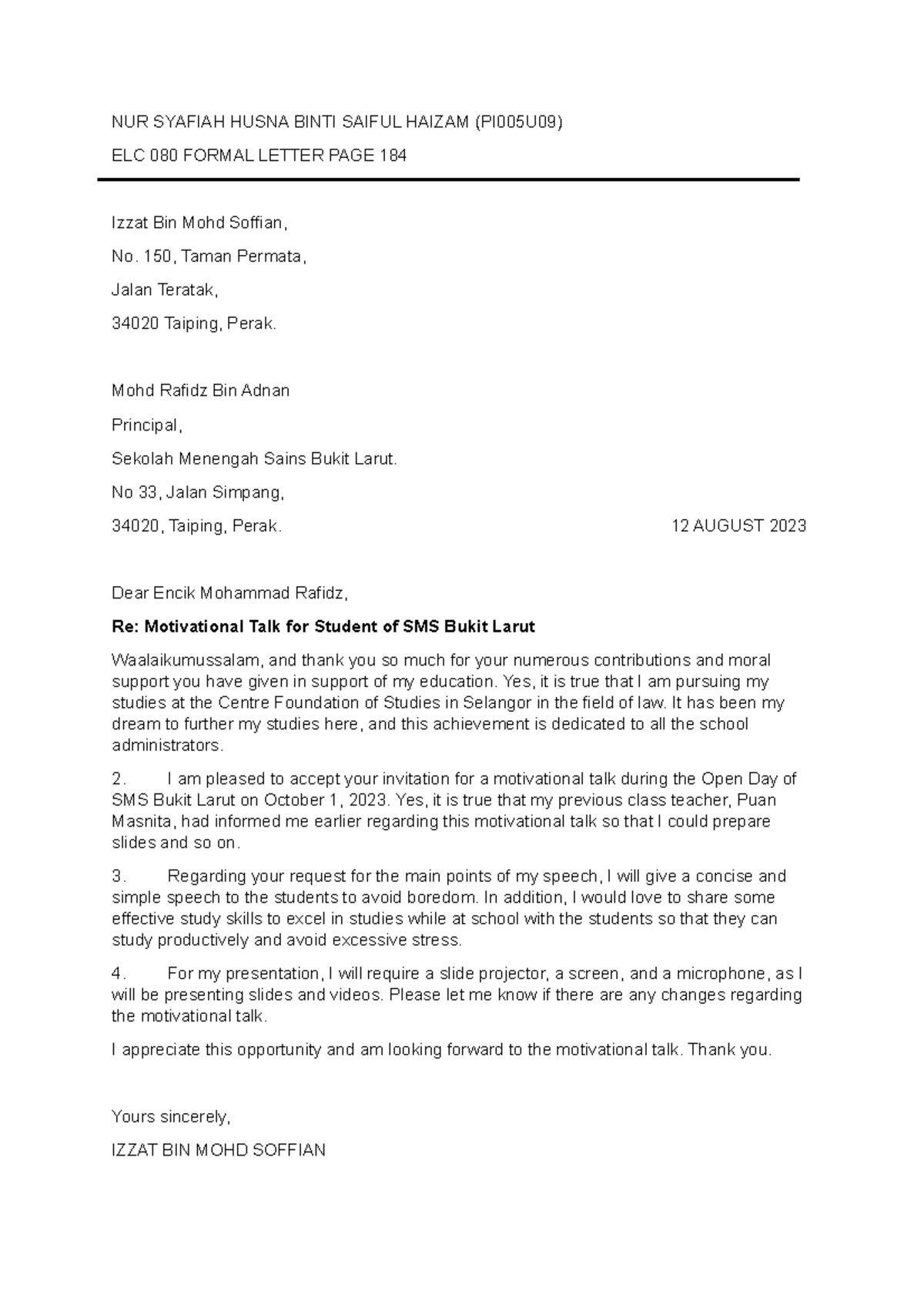 Elc 080 formal letter - NUR SYAFIAH HUSNA BINTI SAIFUL HAIZAM (PI005U09 ...