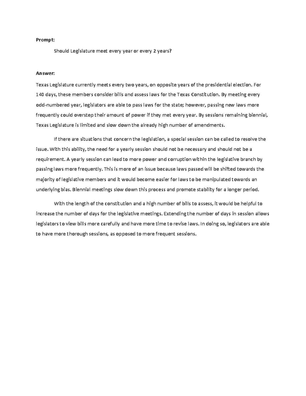 Legislative Meetings - Prompt: Should Legislature meet every year or ...