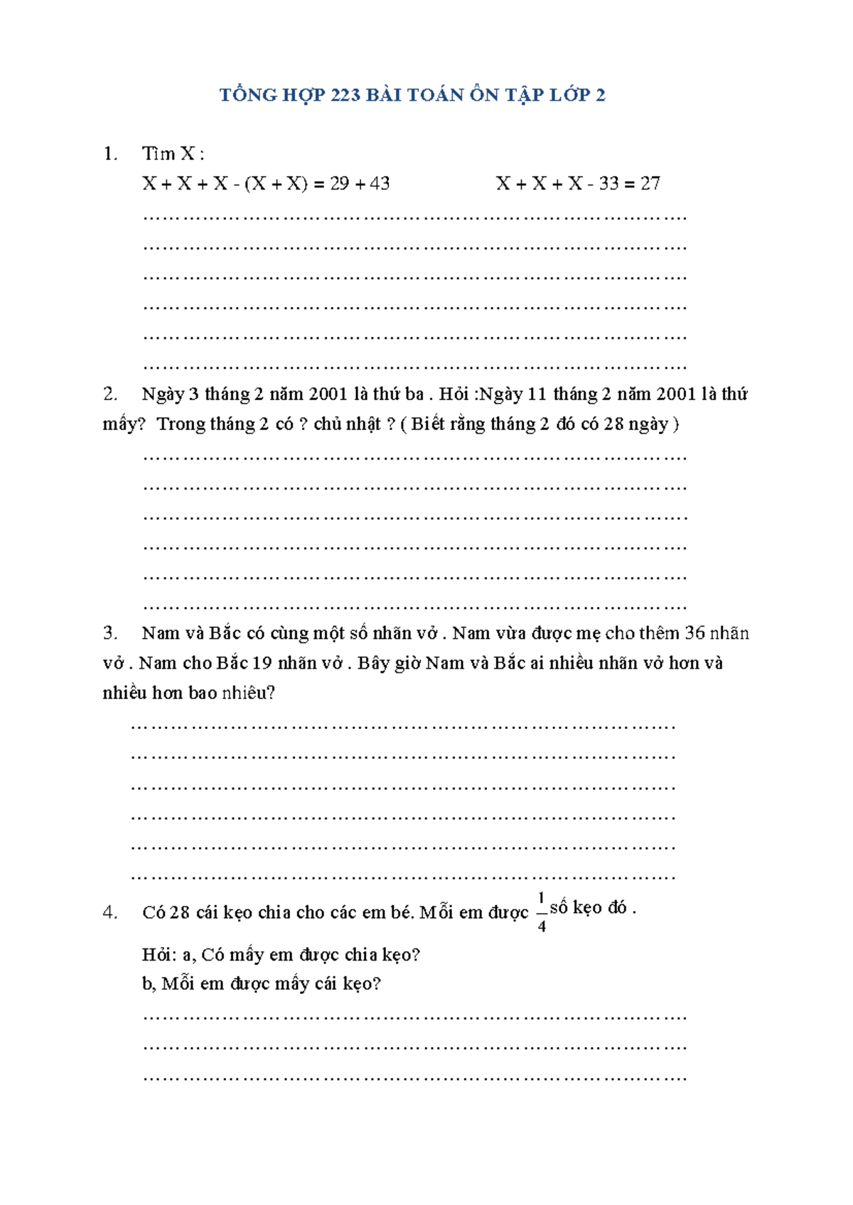 223 bai toan on tap lop 2 - toan 2 - TỔNG HỢP 223 BÀI TOÁN ÔN TẬP LỚP 2 ...