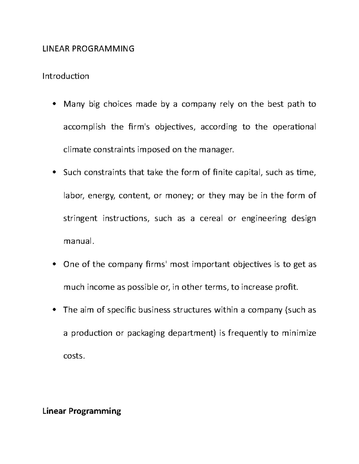 Linear Programmingg - notes - LINEAR PROGRAMMING Introduction Many big ...