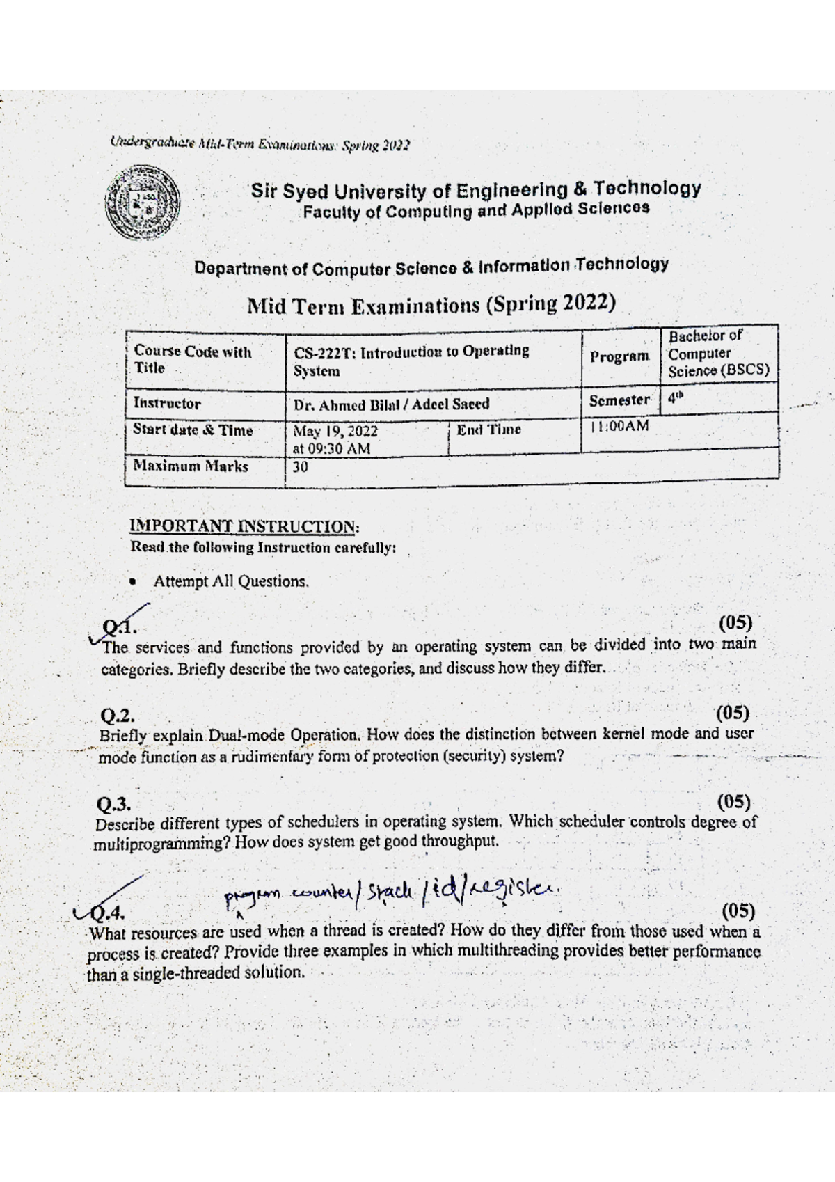 Mid Past Papers - Operating Systems - Studocu
