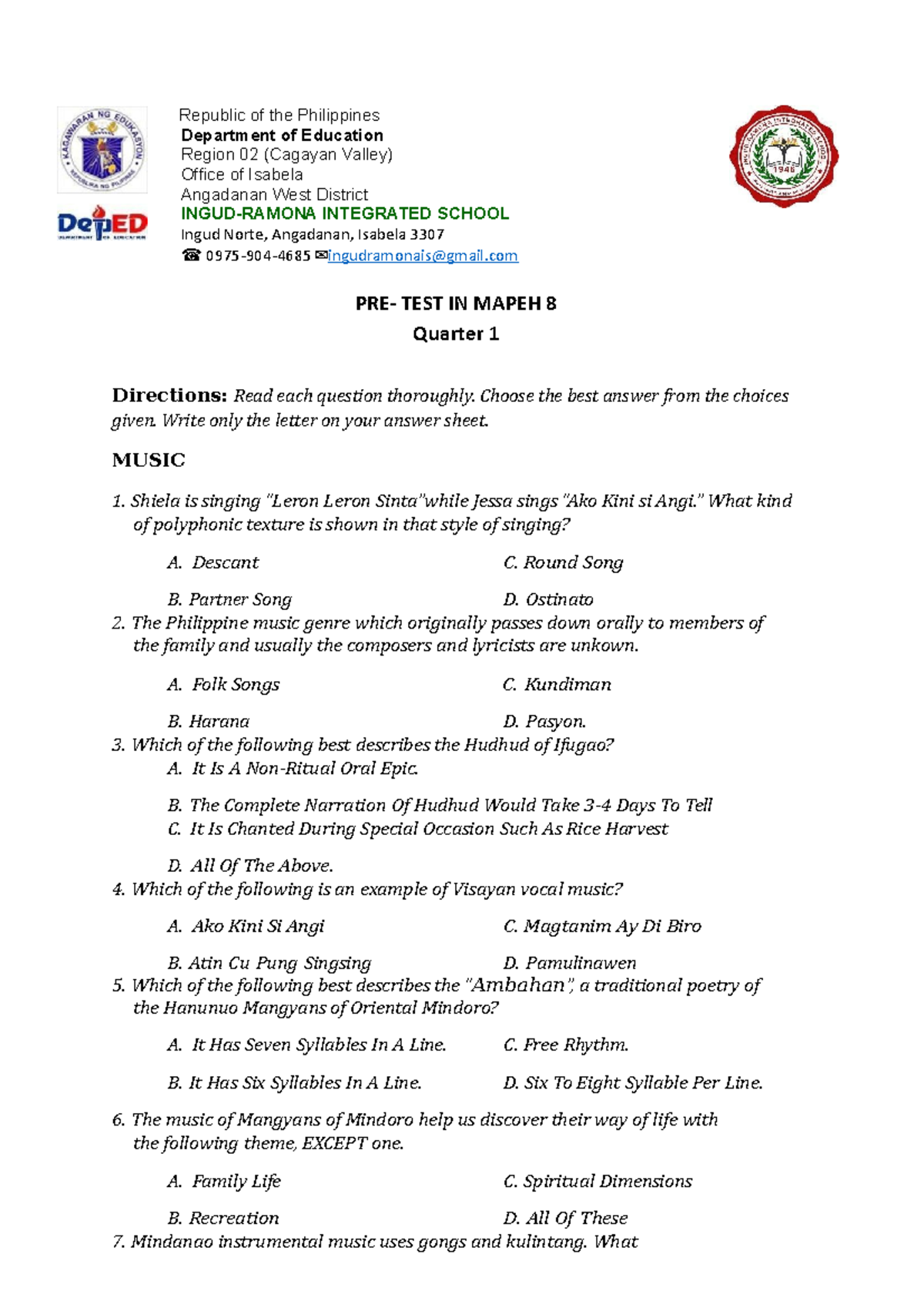 Pre Test In Mapeh 7 Q1 2022 2023 Republic Of The Philippines pre-test-in-mapeh-7-q1-2022-2023-republic-of-the-philippines