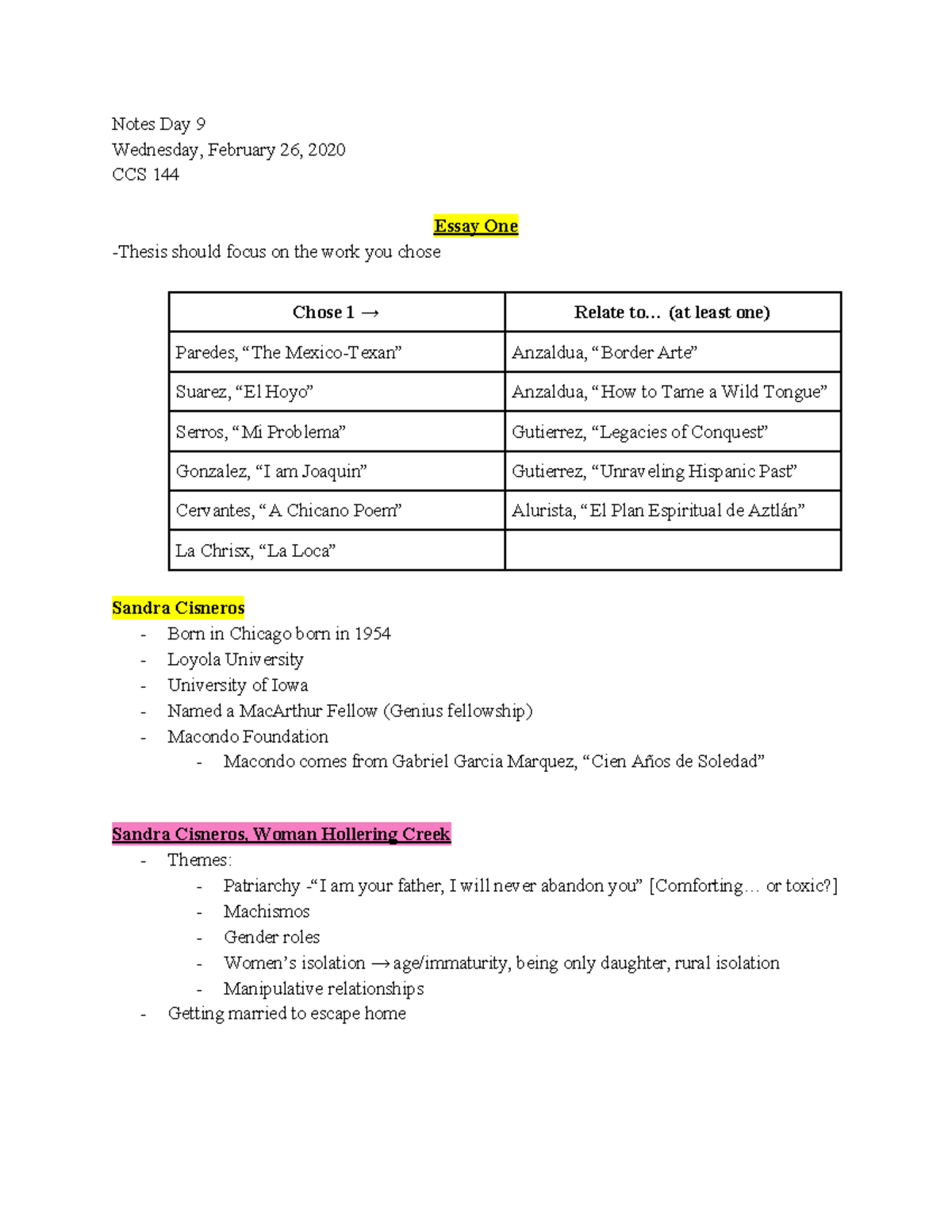 Notes Day 9 CCS 144 - Notes Day 9 Wednesday, February 26, 2020 CCS 144 ...