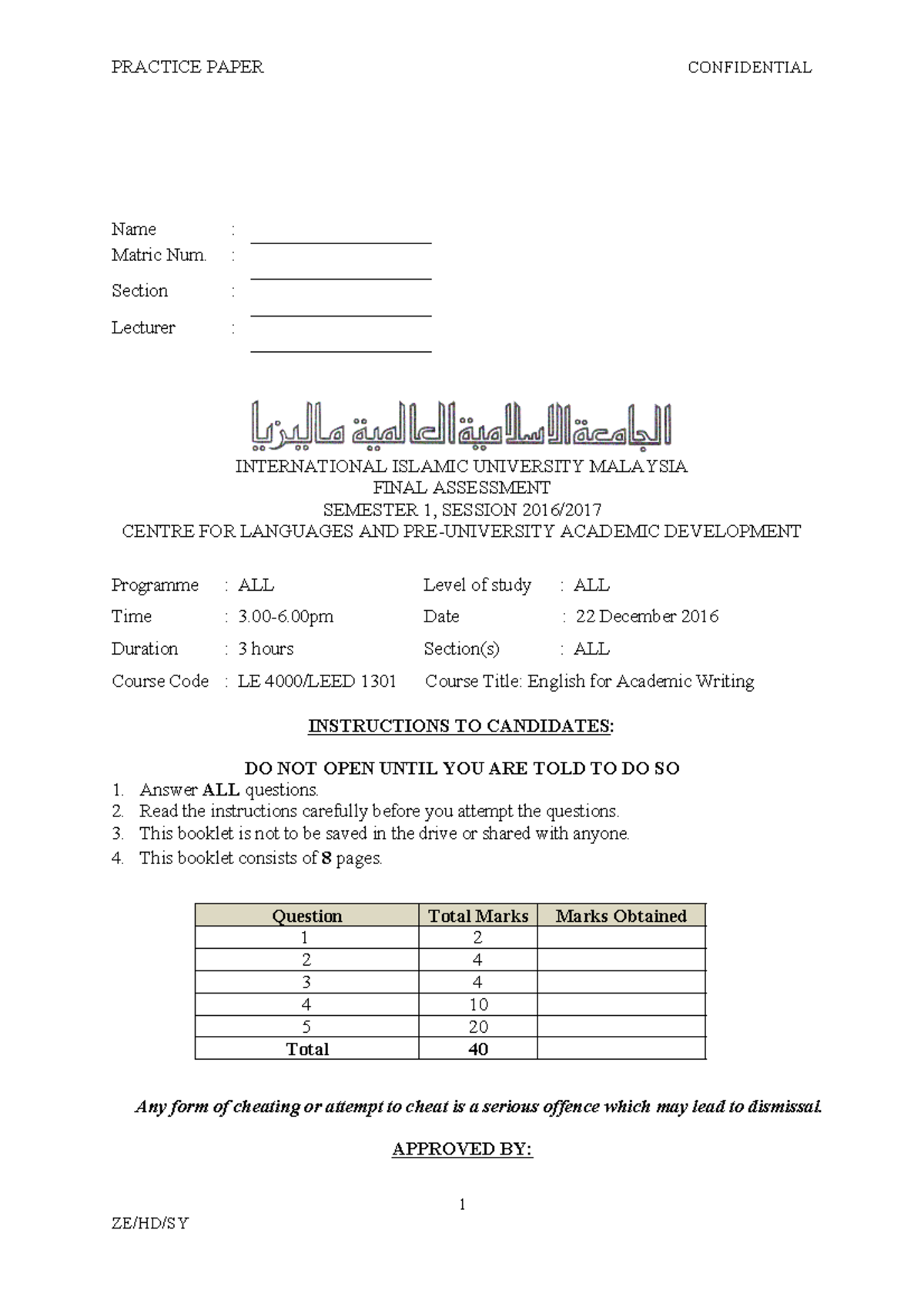 Final EXAM Paper- Sample - 1 Name : Matric Num. : Section : Lecturer ...