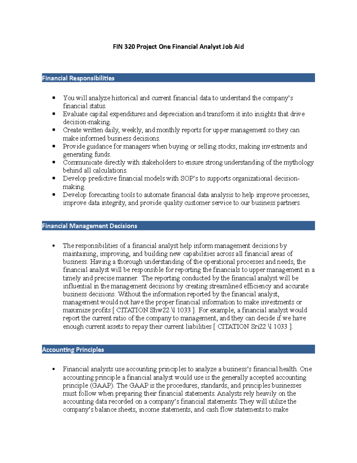 Project One Financial Analyst Job Aid - FIN 320 Project One Financial ...