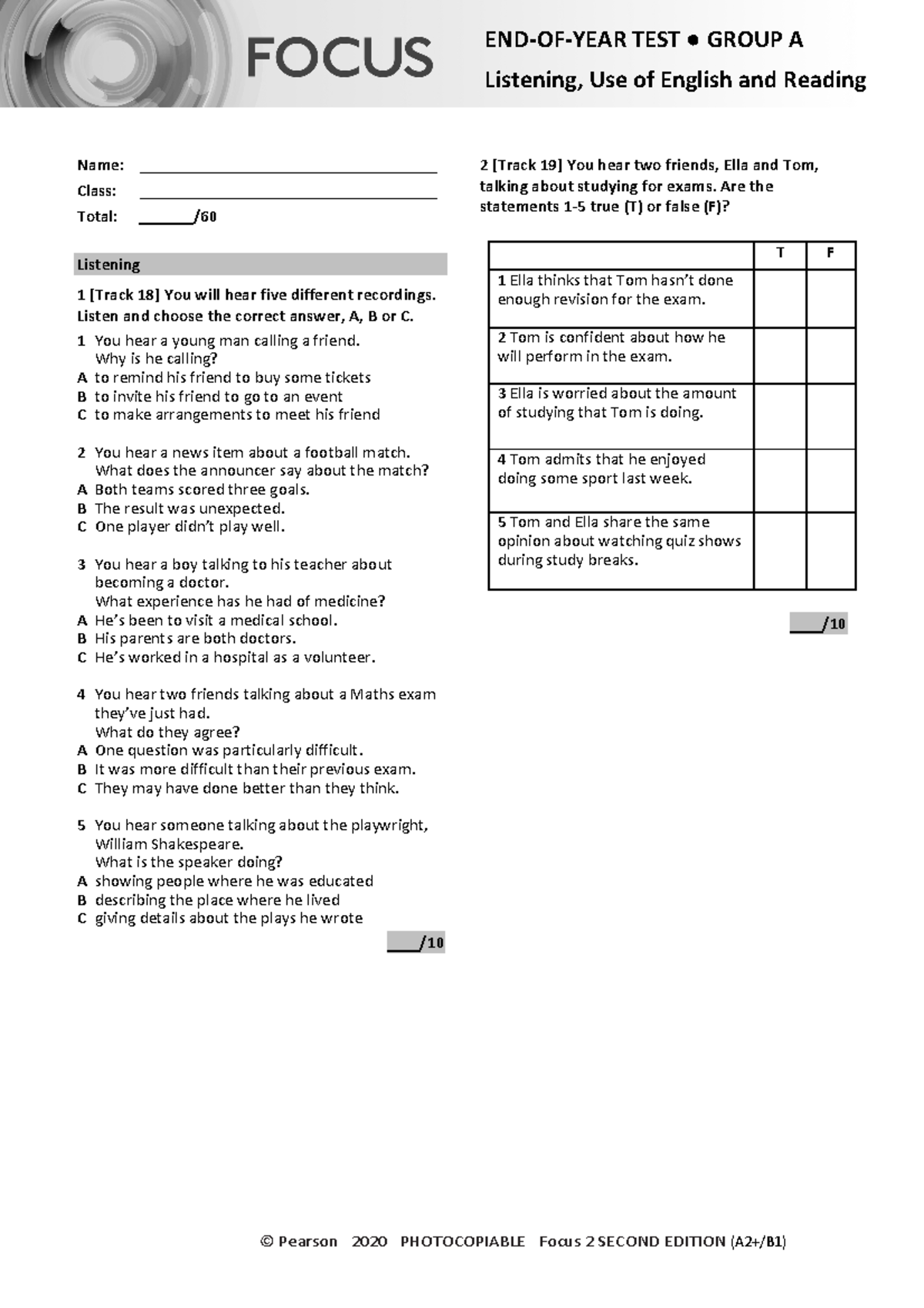 Focus 2 2E End of year Test Listening Uo E Reading Group A - Listening ...