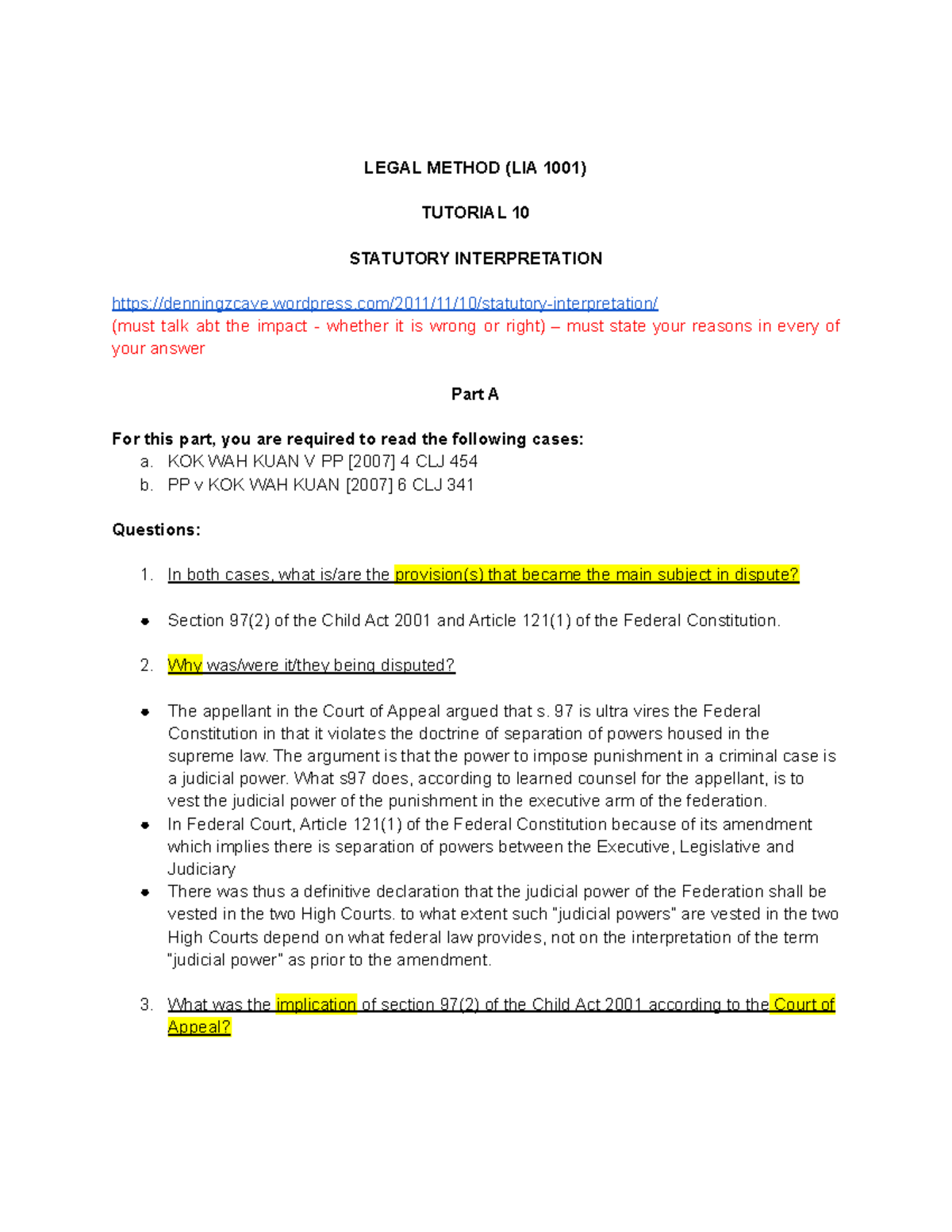 LM TUTO W14 - LEGAL METHOD (LIA 1001) TUTORIAL 10 STATUTORY INTERPRETATION - Studocu