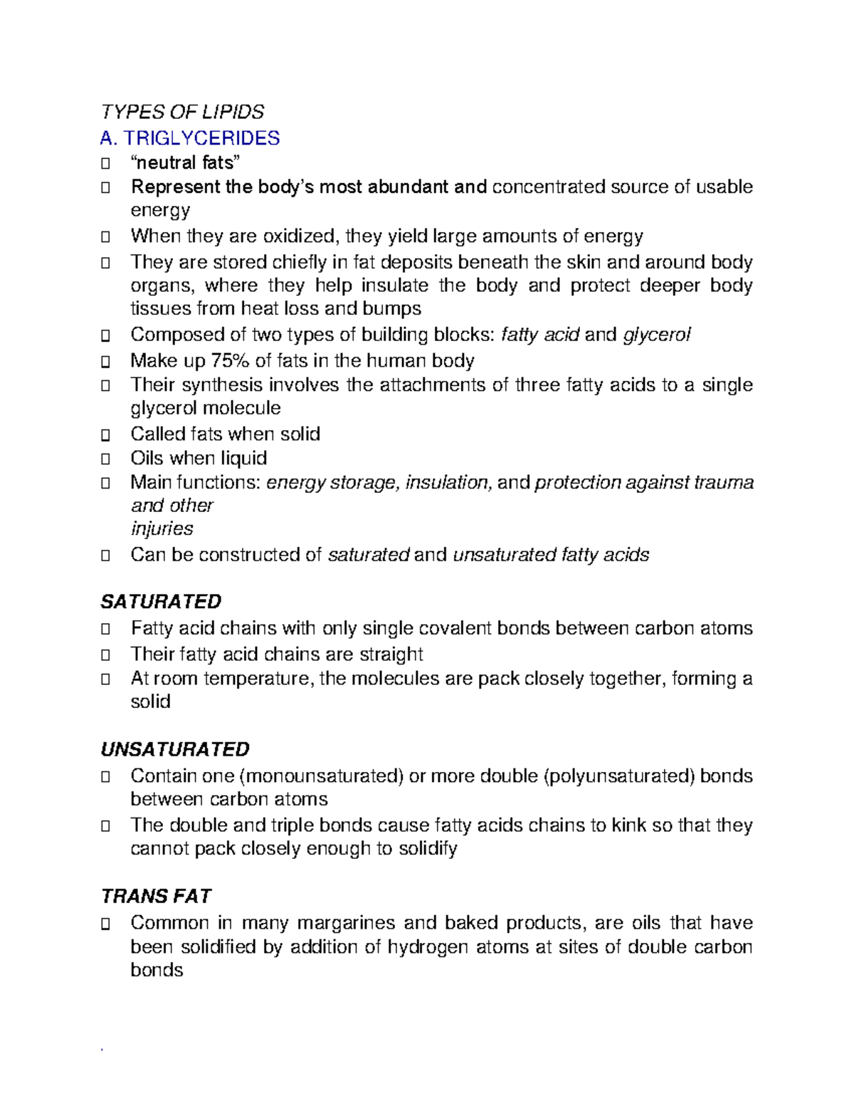 Types OF Lipids - SUMMARY - TYPES OF LIPIDS A. TRIGLYCERIDES “neutral ...