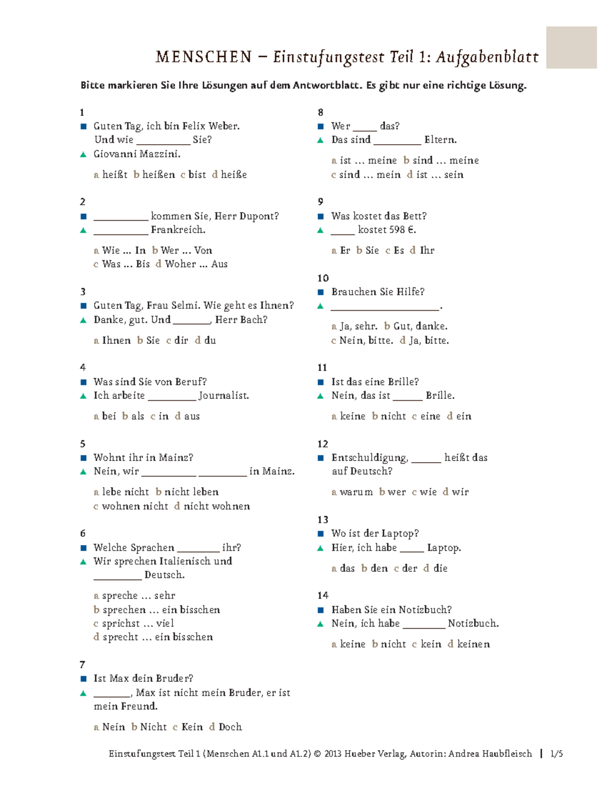 Einstufungstest a1 - Test trình độ cho A1.1 - MENSCHEN E ...