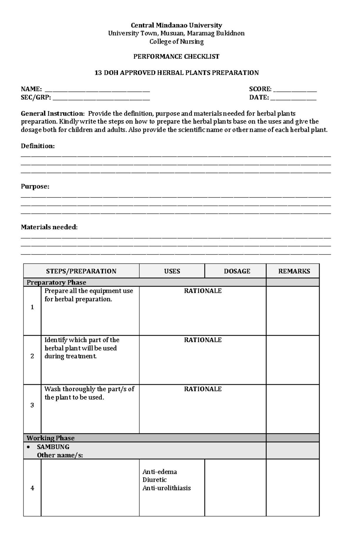 3 Herbal Plants PREP Checklist Final - Central Mindanao University ...