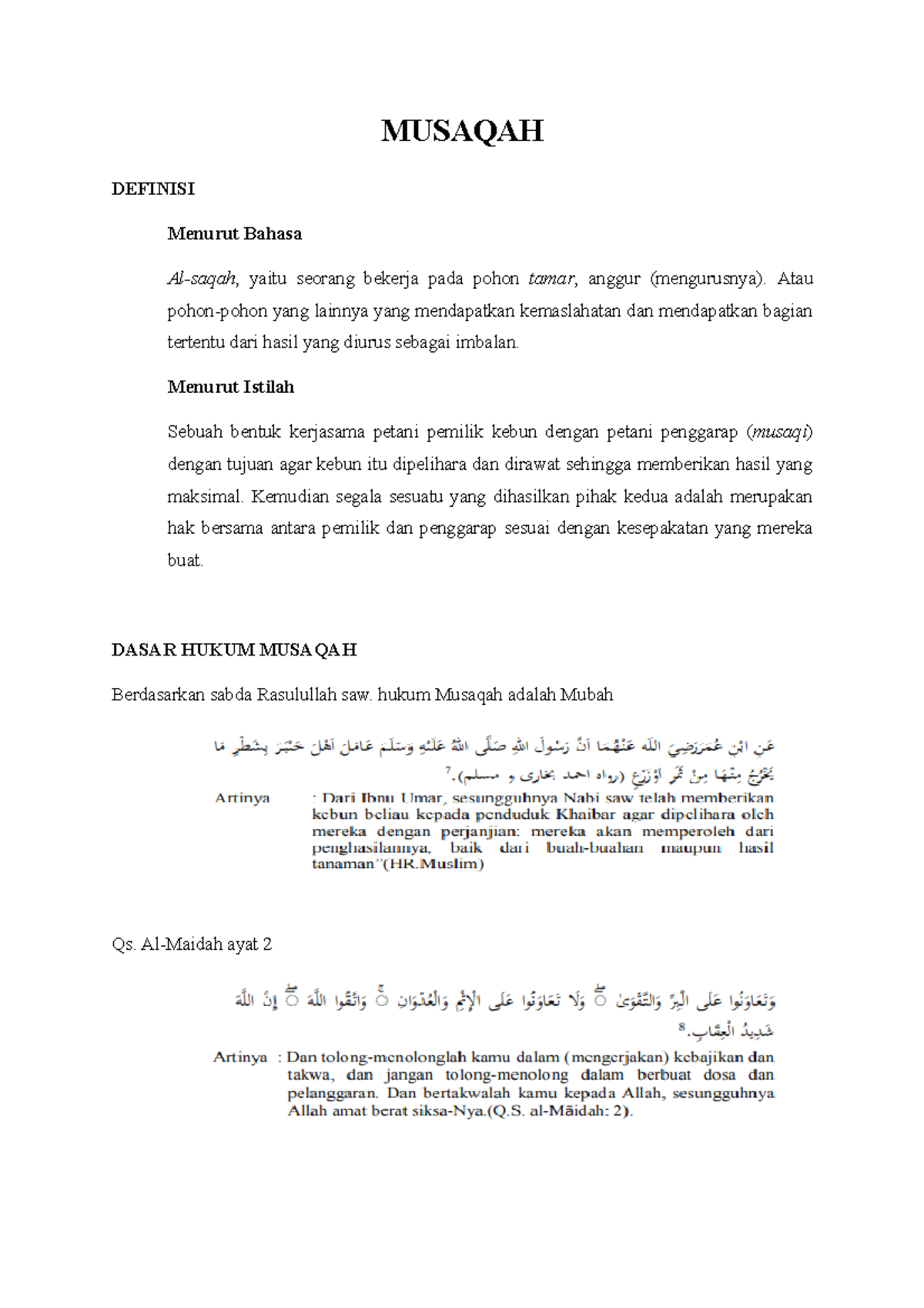 Resume Materi Musaqah - Ekonomi Syariah - MUSAQAH DEFINISI Menurut ...