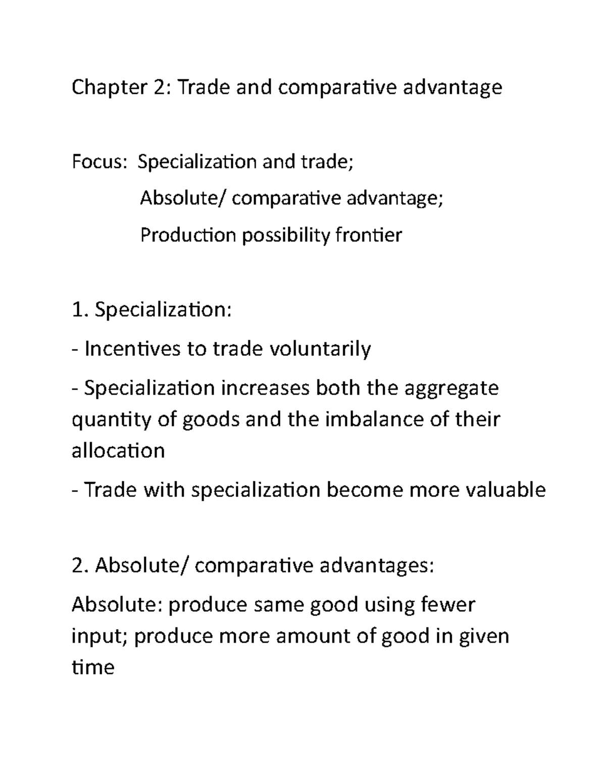 Chapter 2 - Lecture notes 2 - Chapter 2: Trade and comparative ...