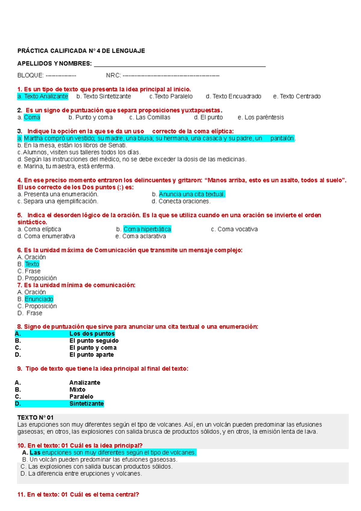 Práctica Calificada Nº 4 - PRÁCTICA CALIFICADA Nº 4 DE LENGUAJE APELLIDOS Y NOMBRES: - Studocu
