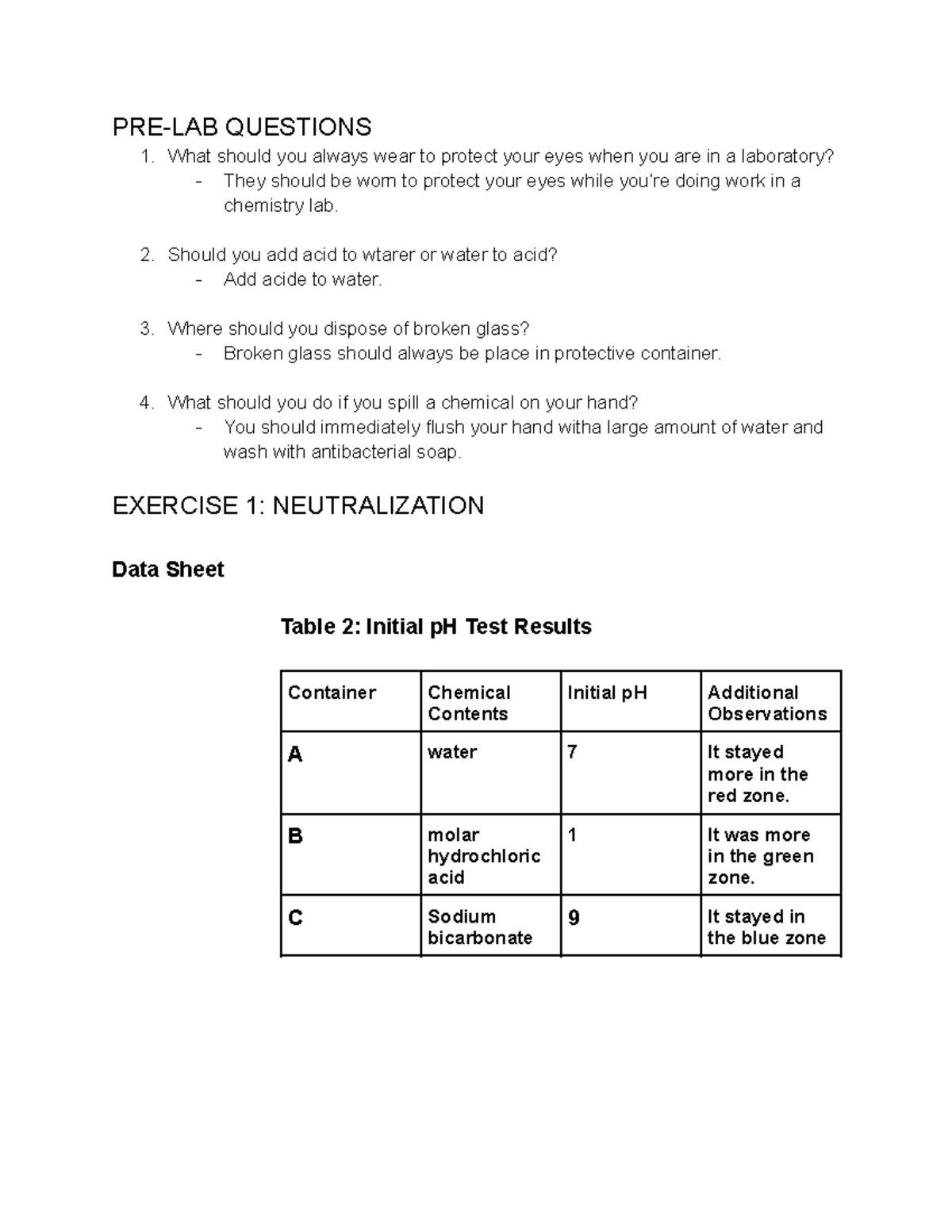 Lab Two General Safety - PRE-LAB QUESTIONS What should you always wear ...