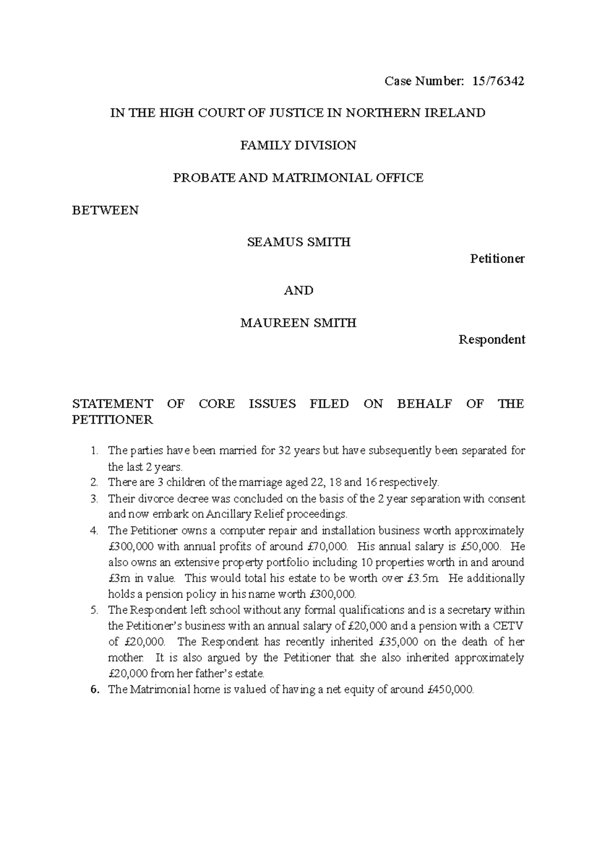 Week 10 - Statement of Core Issues - Case Number: 15/ IN THE HIGH COURT ...