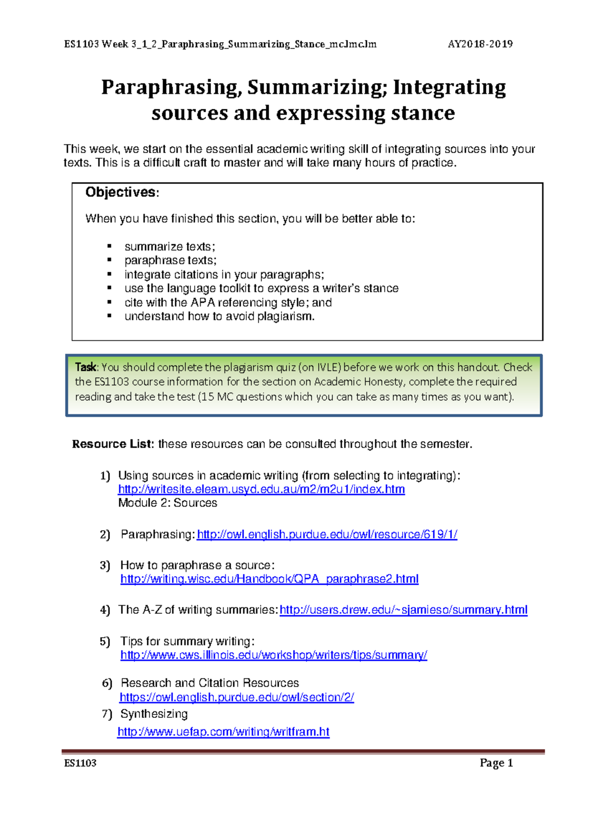 ES1103 Week 3 1 2 Paraphrasing Summarising Stance - Paraphrasing, Summarizing; Integrating ...