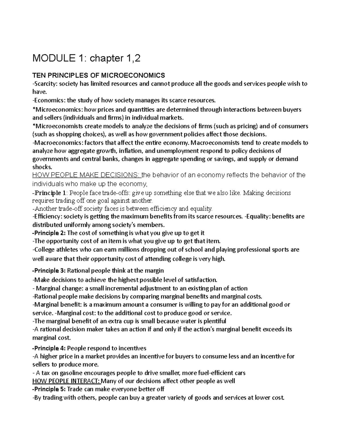 ECON 1102 Midterm 1 - MODULE 1: chapter 1, TEN PRINCIPLES OF MICROECONOMICS -Scarcity: society ...