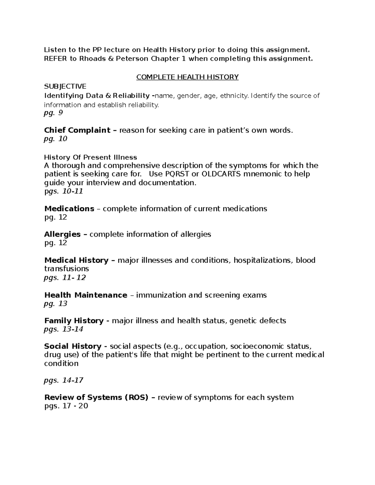 Health History Template - Listen to the PP lecture on Health History ...