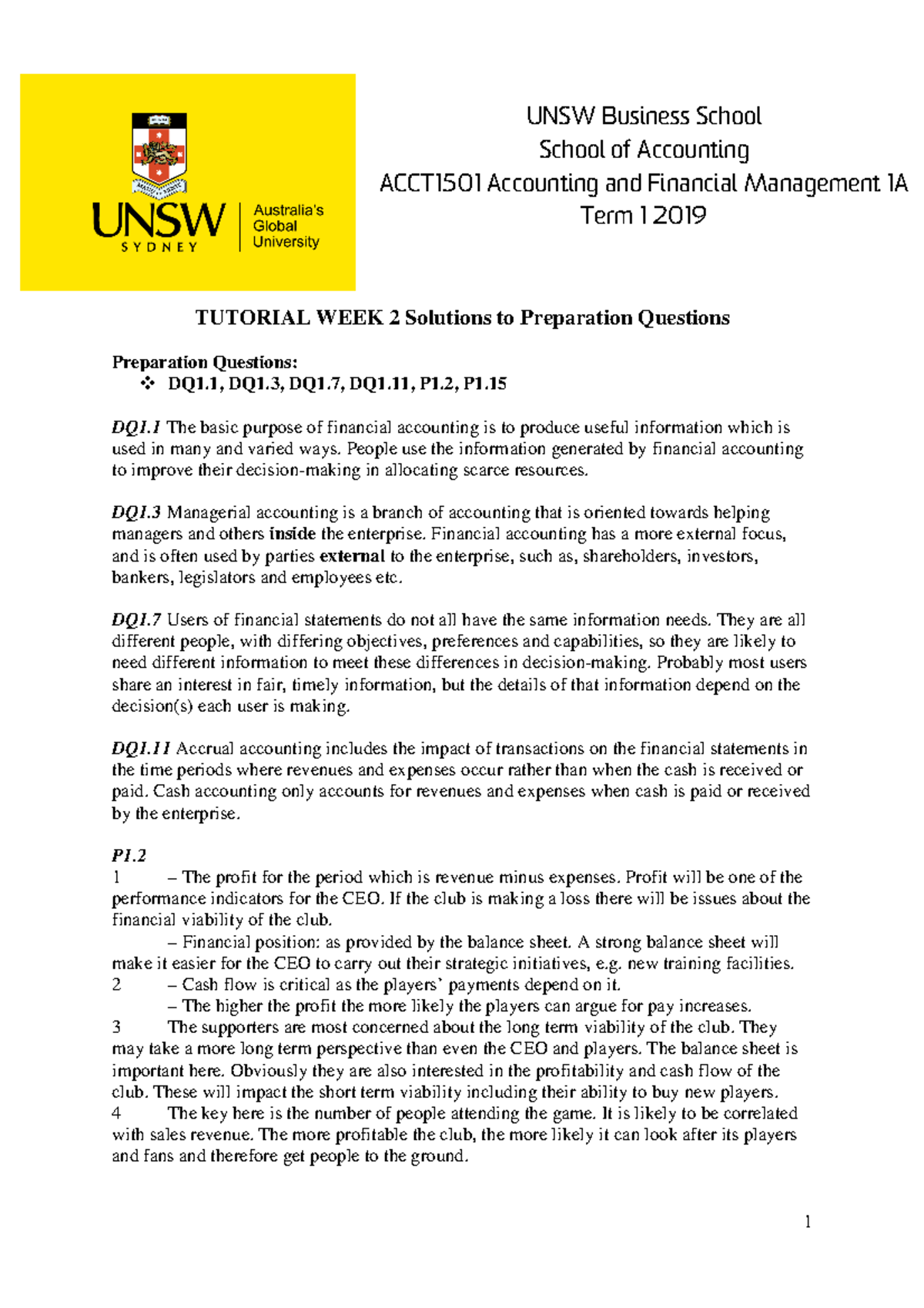 2019 T1 PQ Ans Wk2 - tute2 answers - Acct1501 - UNSW Sydney - Studocu